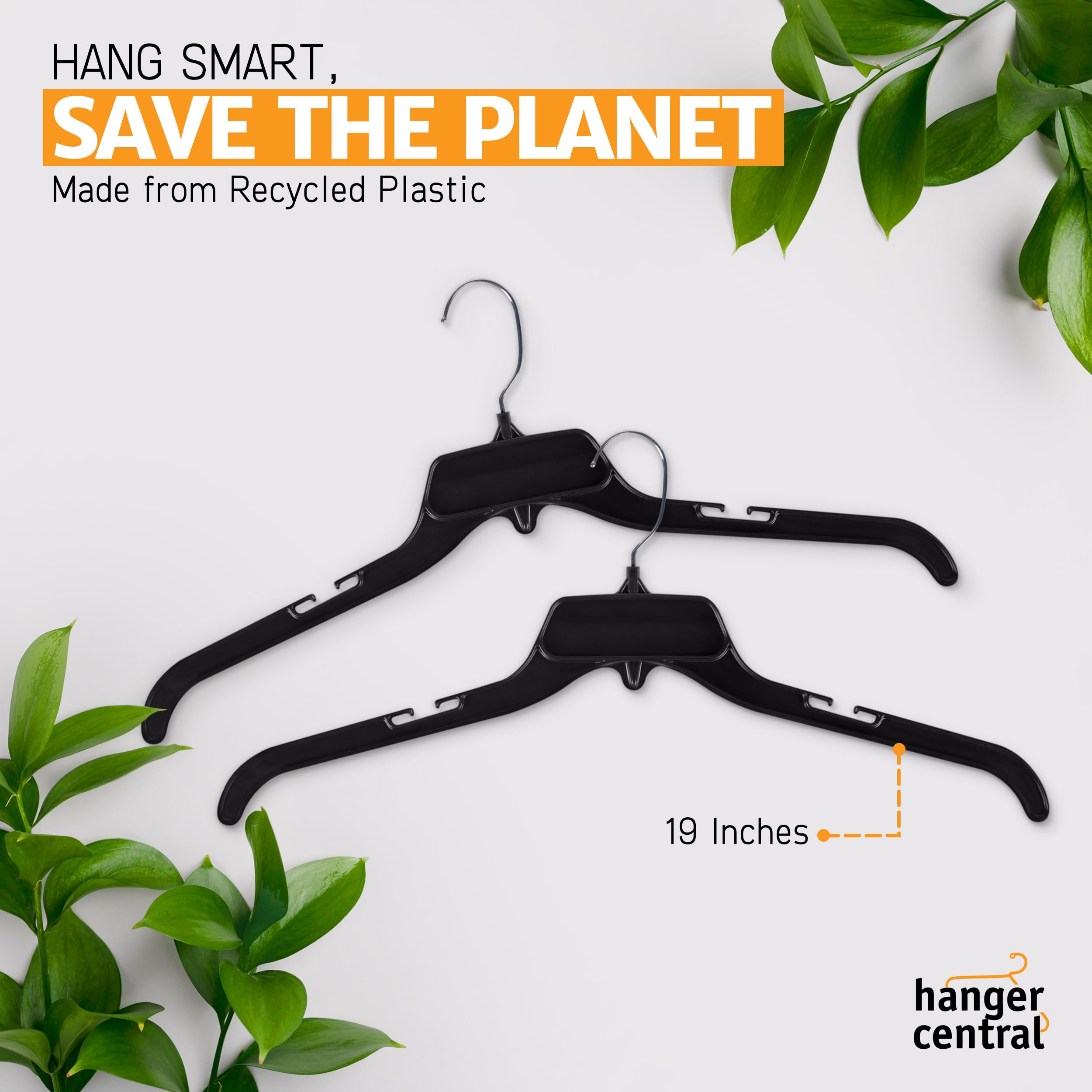 Hanger Central Space-Saving, Durable Black Plastic Clothes Hangers, Bulk, Non-Slip Surface 360° Swivel Hook, Perfect for T-Shirts, Oversize Garments, Coats, and Organization (19' (50 pack))