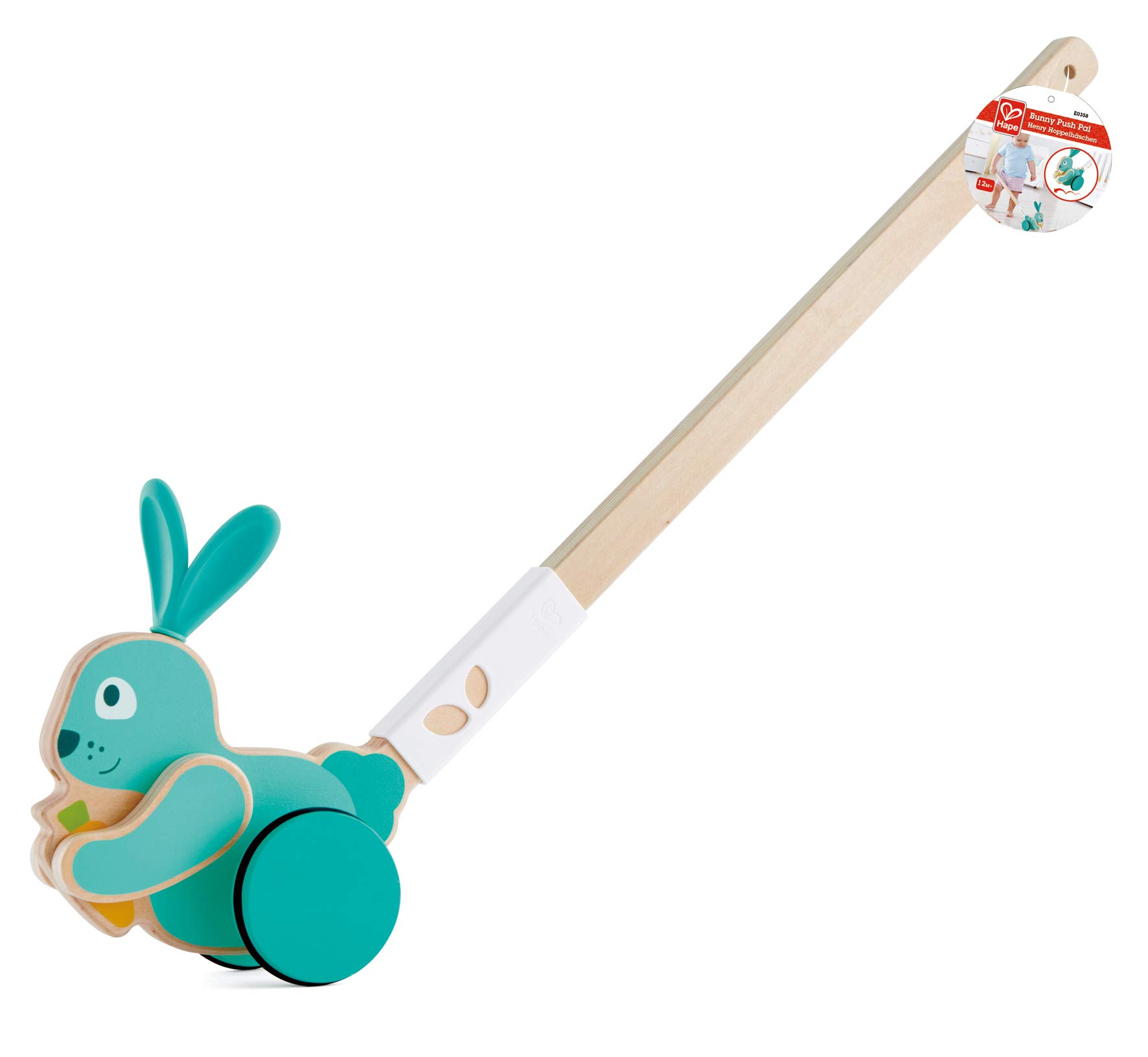 Hape Bunny Push Pal | Wooden Push-Along Bunny, Baby Walker Push Toy, Multicolor (E0358)