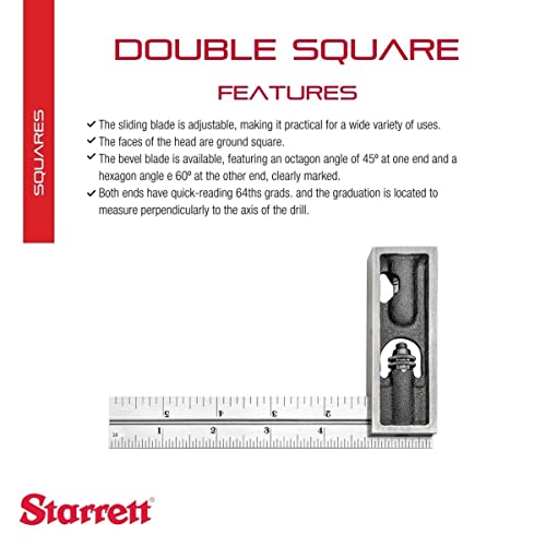 Starrett Steel Inch Reading Double Square with Hardened Graduated Blade - Ideal for Machinists, Toolmakers, Patternmakers - 6" Blade Length, 4R Graduation - 13C