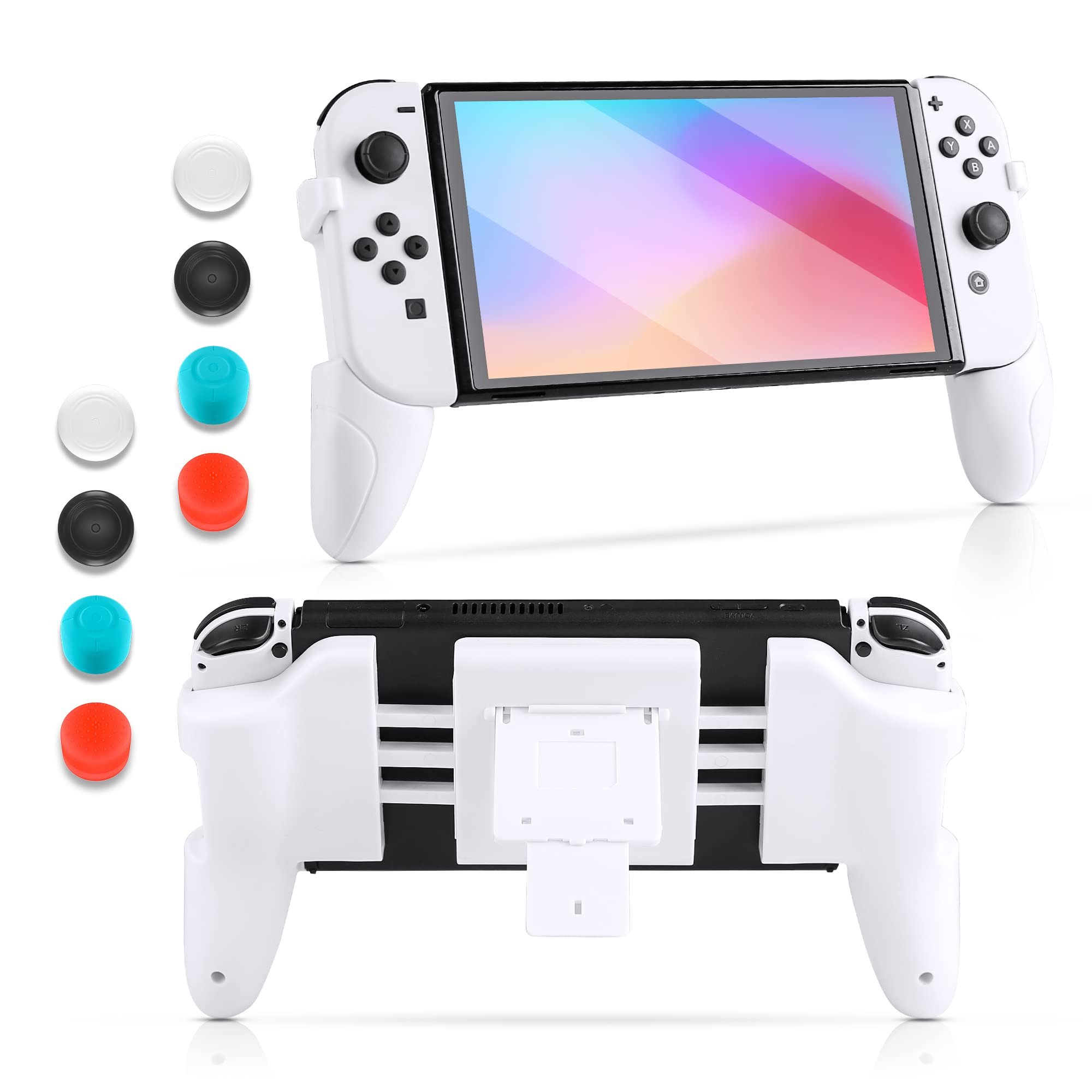 LASTYAL Adjustable Handle Grip for Nintendo Switch OLED Model and Switch Standard Edition with 2 Game Card Slots Holder Design, Ergonomic Foldable Grip for Switch Lite with 8 Thumb Grip Caps