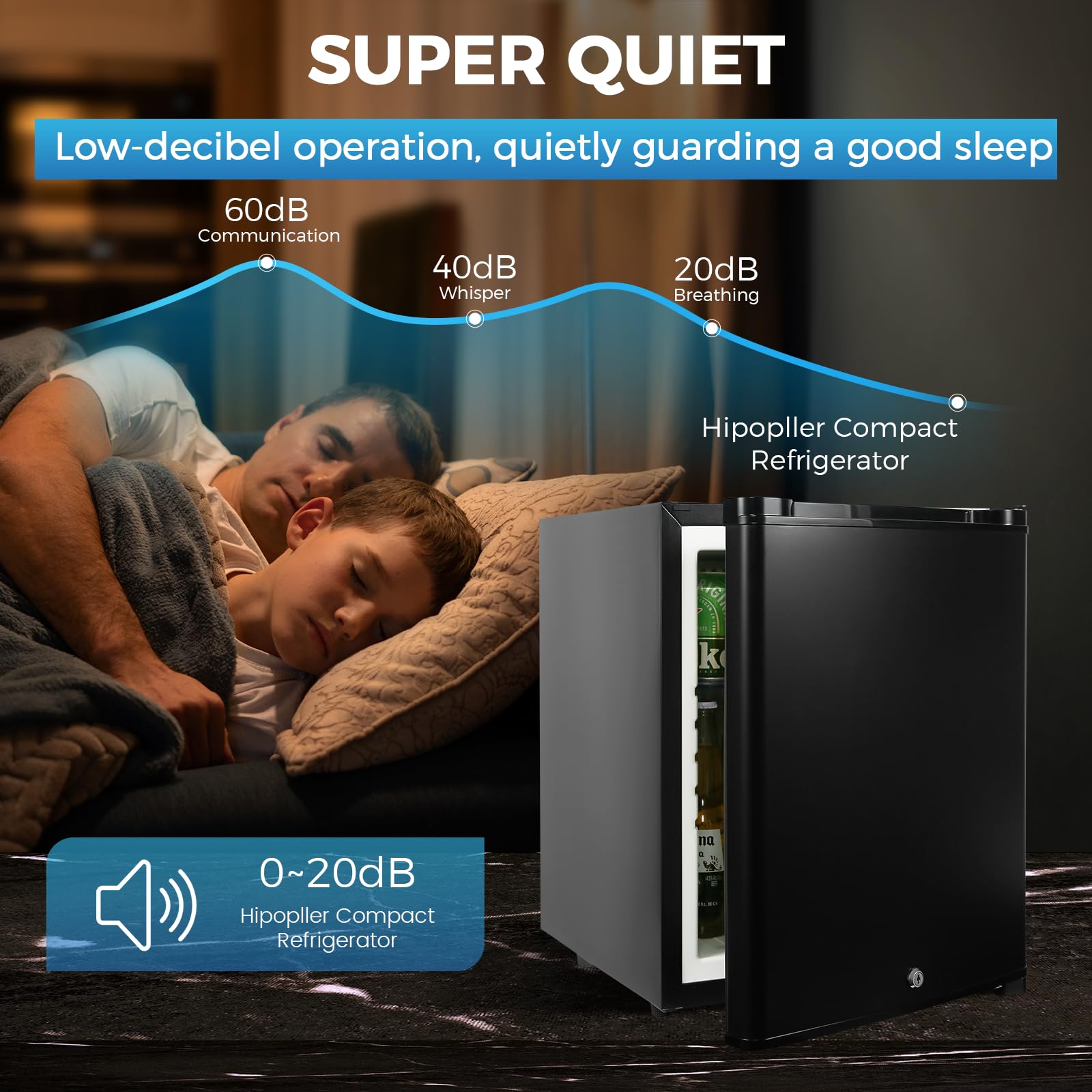 HIPOPLLER Compact Refrigerator, 1.07 cu.ft 110V Quiet Mini Fridge, Reversible Door with Lock, Energy Efficient Beverage Cooler for Bedroom Dorm RV Hotel Office, Black