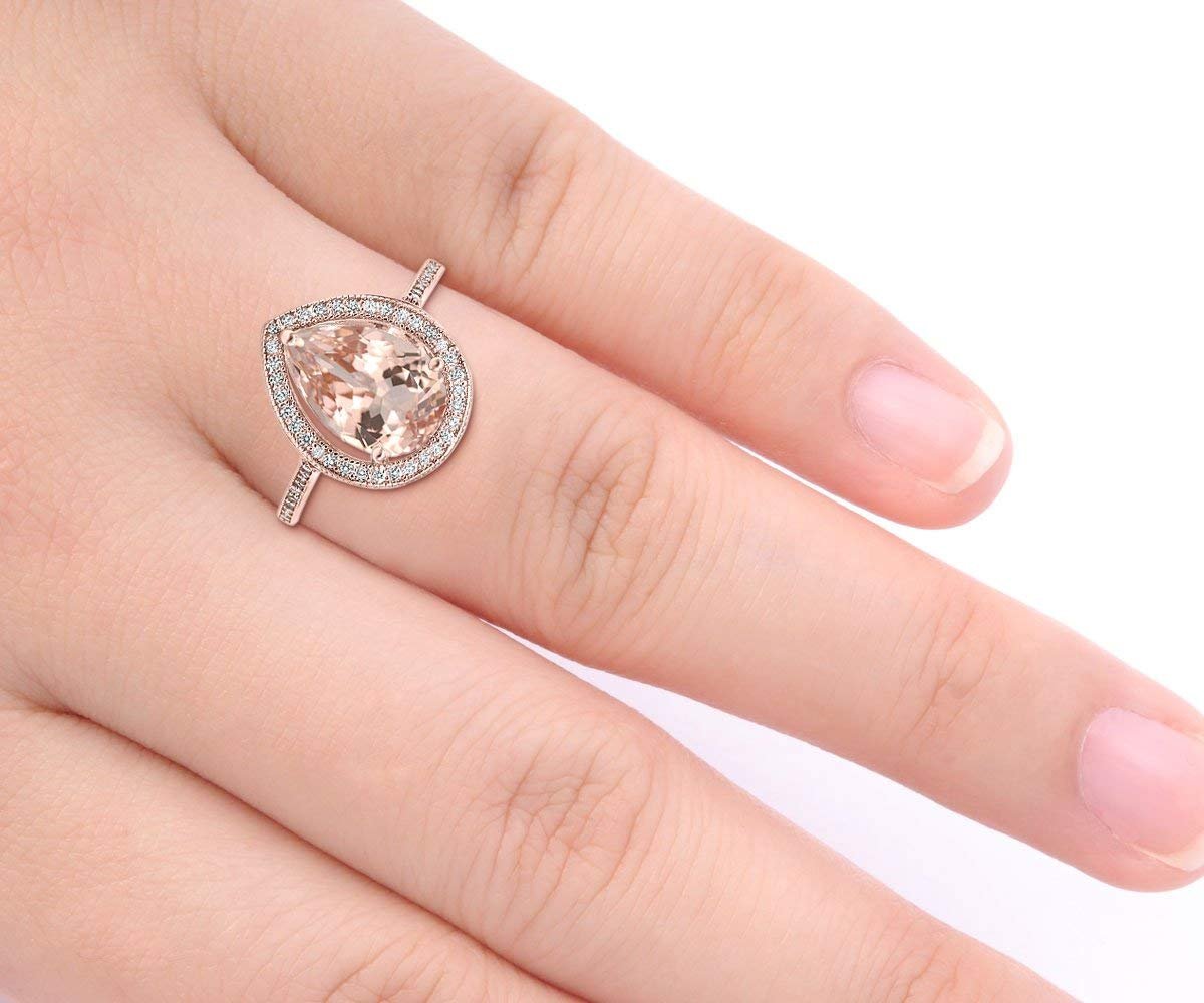 Halo Teardrop Pear Simulated Morganite Bridal Ring Rose Tone Plated 925 Sterling Silver, Size-6