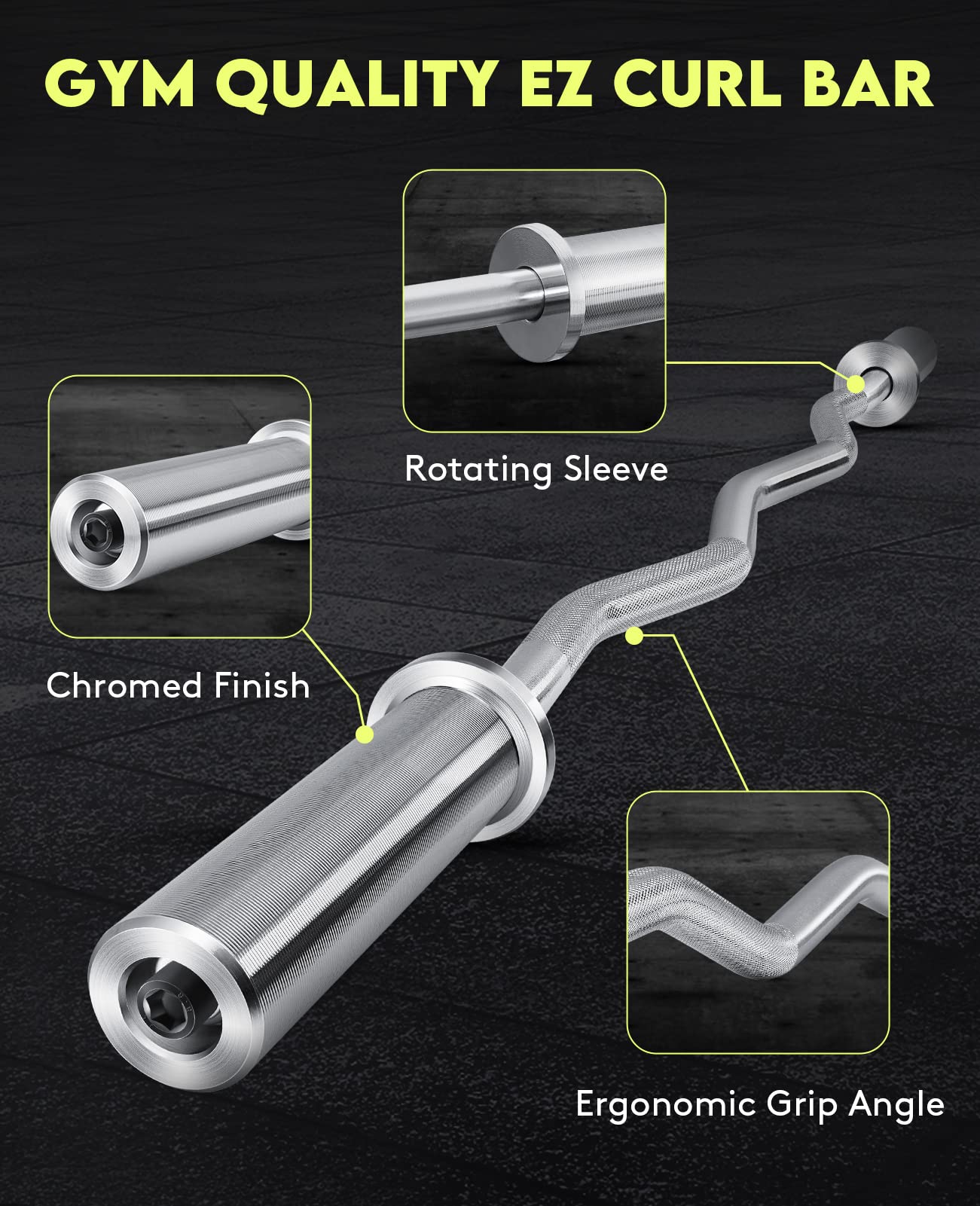 HIRALIY 47" Olympic EZ Curl Barbell Bar for 2-inch Weight Plates Curling Lifting Bicep Curl, 2 Spring Collars Included (Chrome)