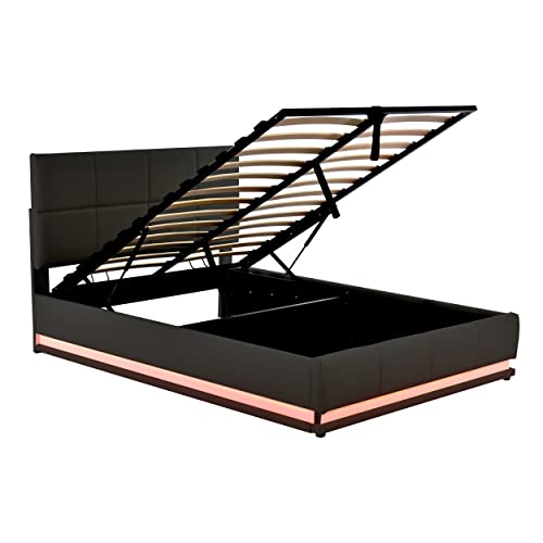 Tufted PU Upholstered Platform Bed with LED Lights and Build-in USB Charger, Queen Upholstered Bed Frame with Hydraulic Storage System, for Kid's Bedroom Furniture (Black Upholstered Platform Bed)