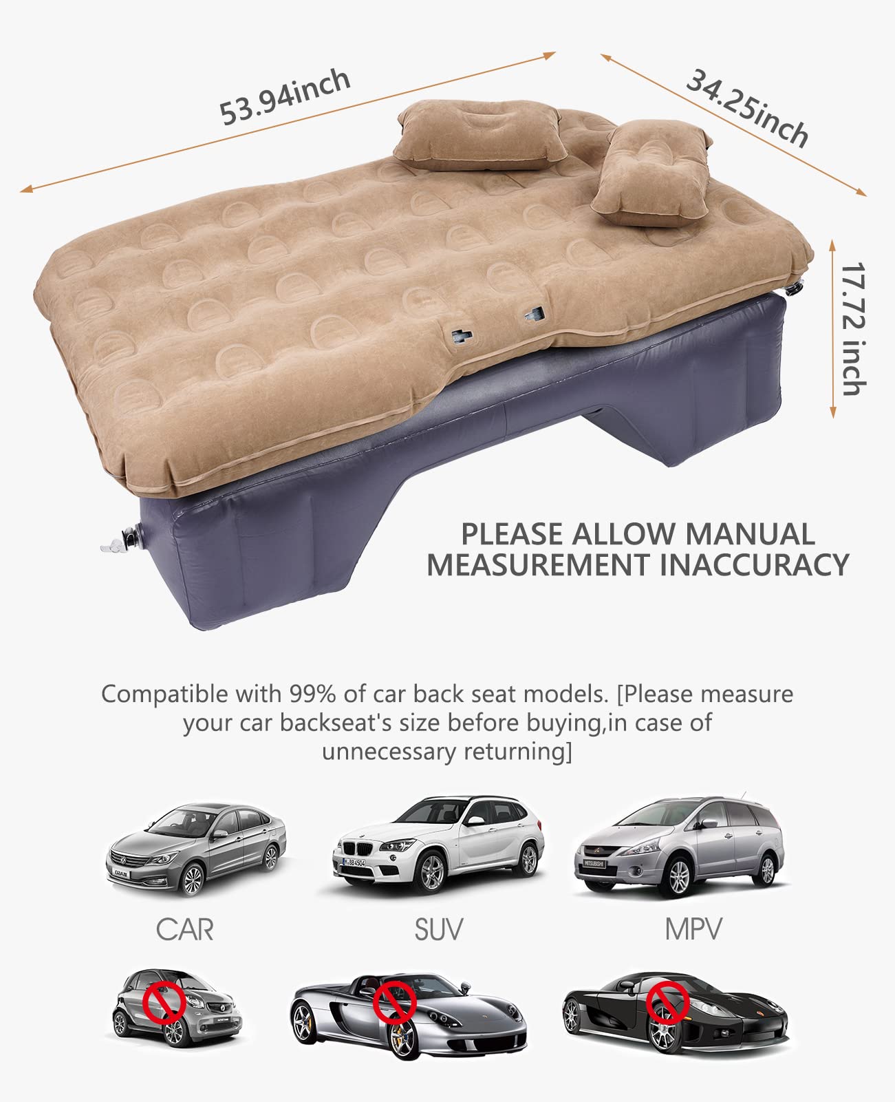 HIRALIY 53.94 x 34.25 x 17.72 Inches Car Air Mattress, Inflatable, To Clean
