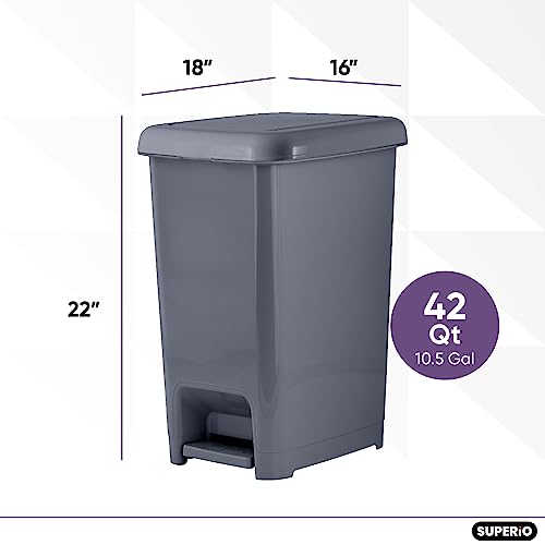 Superio Slim Trash Can with Foot Pedal β 10.5 Gallon Step-On Trash Can with Lid, Large Plastic Garbage Can, Trashcan for Bathroom, Kitchen, Office,Bedroom, Dorm Room, Patio, β Onyx Grey