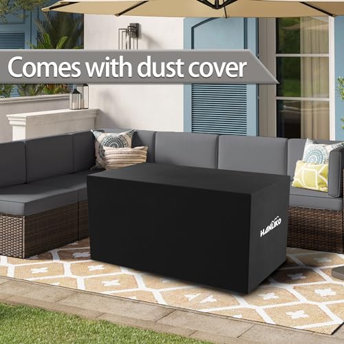 HANLIKO 42 Inch Outdoor Propane Gas Fire Pit Table, 50,000 BTU Auto-Ignition Gas Firepit with Glass Wind Guard, Alloy Wood Grain Tabletop, Black