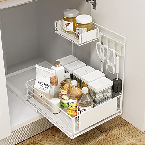 Under Sink Organizer and Storage, Under Sliding Cabinet Basket Organizer 2-Tire Under Kitchen Bathroom Sink Storage, Multi-Purpose Under Sink Shelf Organizer Black,White