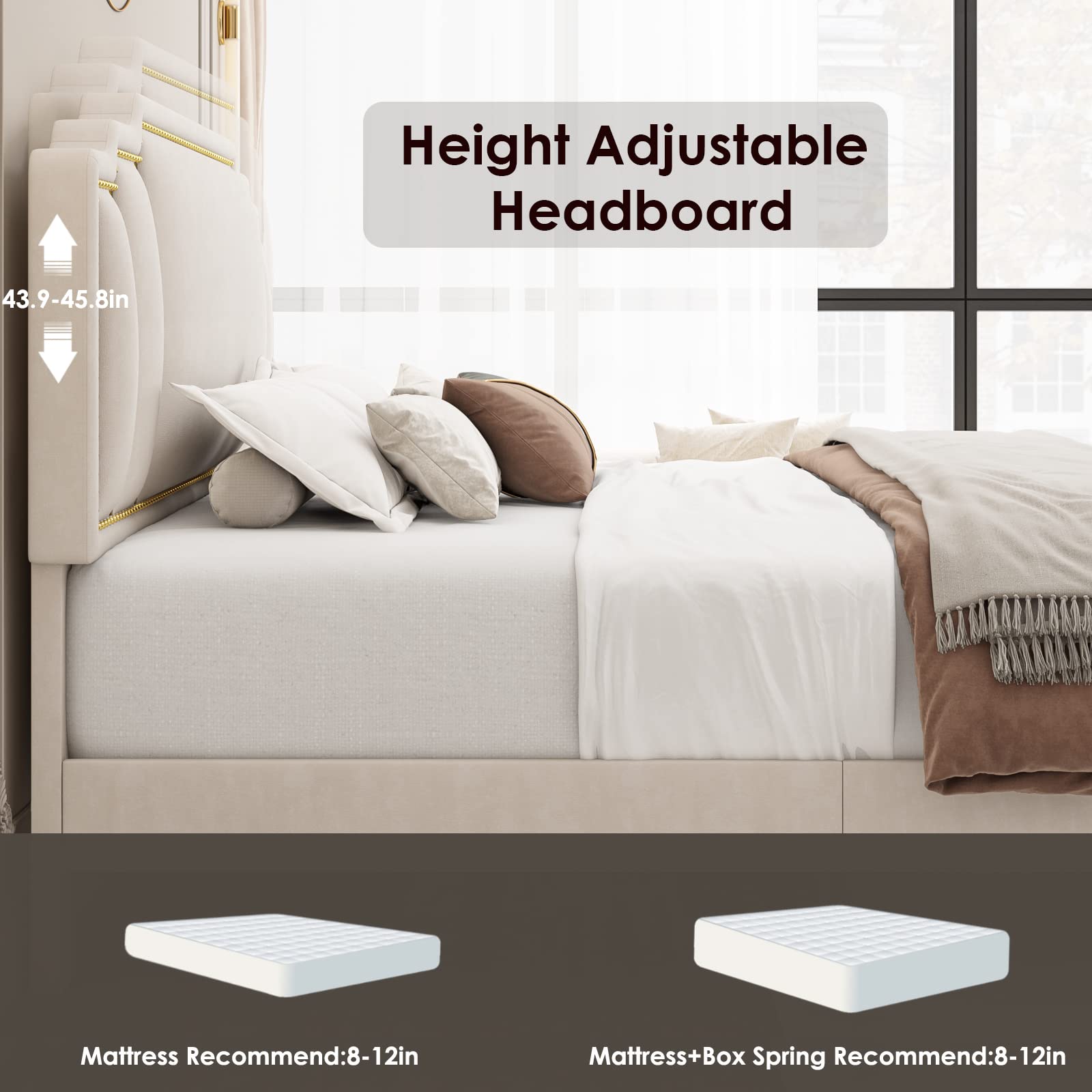HIFIT Beige Queen Size Bed Frame and Height Adjustable Headboard, Mid-Century Modern Velvet Upholstered Platform Bed Frame with Golden Iron Slice & Nails, 43.9"-45.8" H