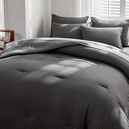 WARMDERN Grey Comforter Set King Size Waffle Weave Lightweight Bedding Comforter Sets Soft Microfiber Down Alternative Comforter 7 Pieces Bed in A Bag All Season(Gray, King)