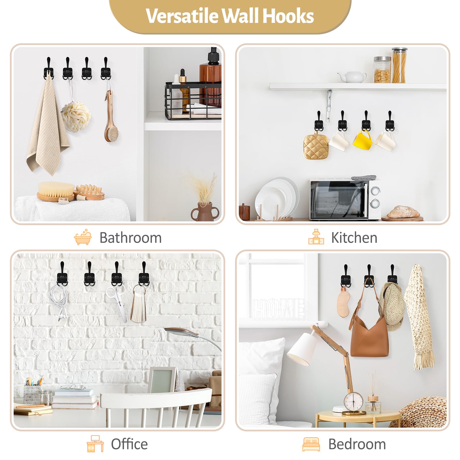 VIS'V Coat Hooks Wall Mount, Black Metal Coat Tri Hooks Heavy Duty Adhesive 3 Prong Coat Hanger Hooks Door Wall Coat Rack Hooks for Livingroom Bathroom Camper 2 Mount Options - 4 Pcs