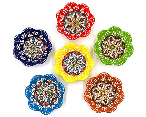 Silver Craft 6 Pcs Daisy Shaped Hand Painted Decorative Serving Turkish Tiny Bowls - Handmade Ceramic Bowl - Set of 6 (3.7 inc/9.5cm) 2.5 Oz Pinch Multicolor Small Serving Bowls - Best Gift Set