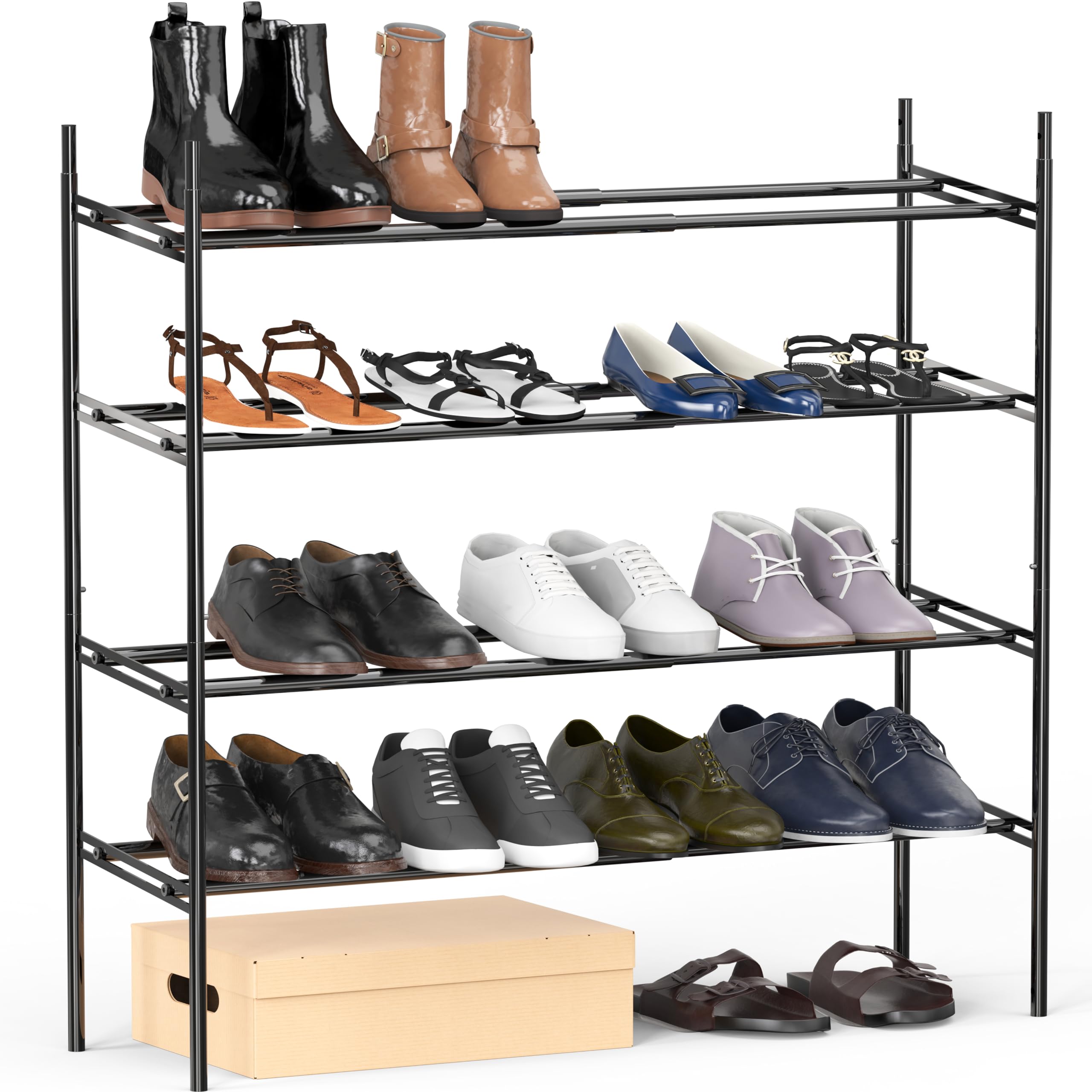 Simple Houseware 4-Tier Stakable Shoe Racks with Extendable Shelves, Black