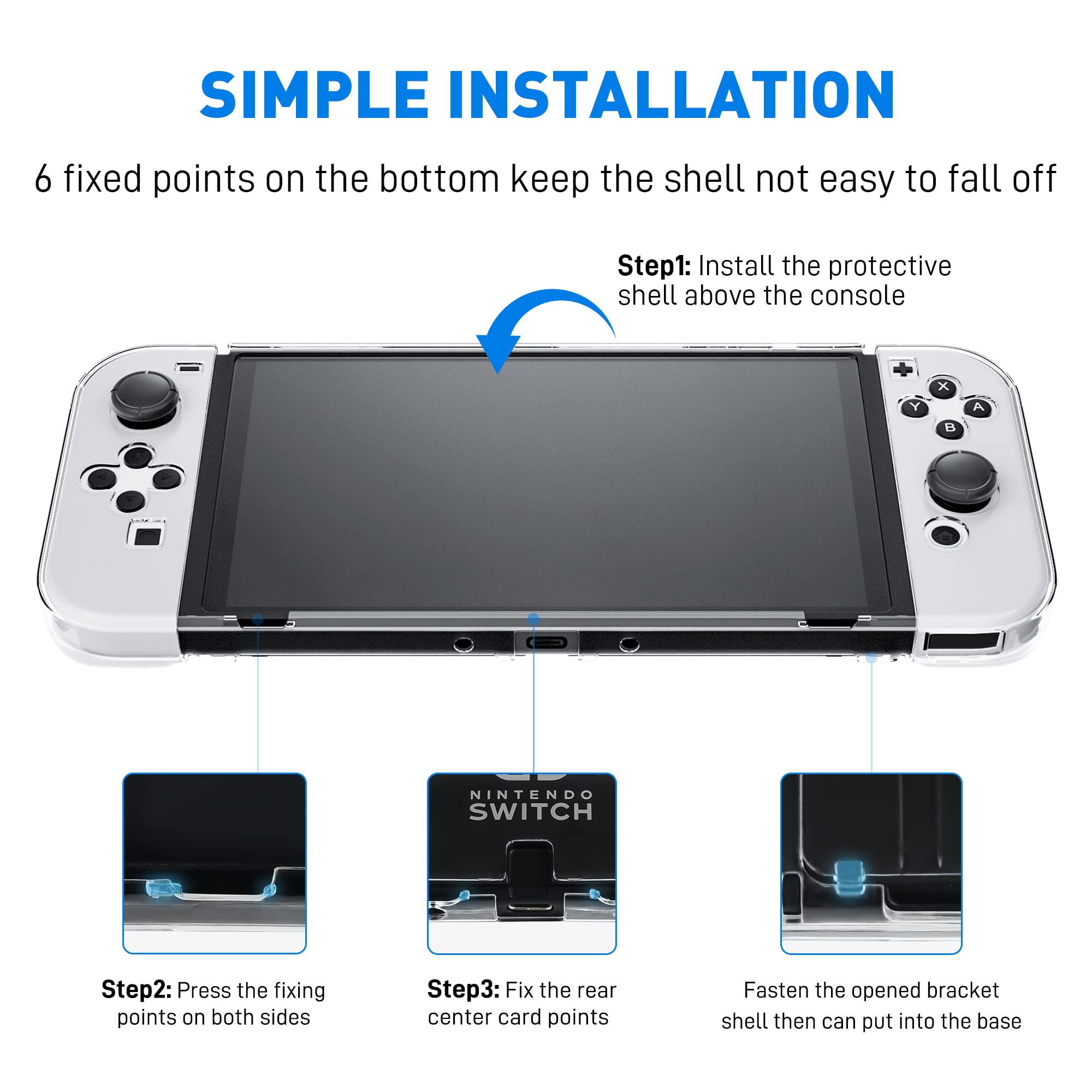 LASTYAL Flip Protective Clear Case Compatible with Nintendo Switch OLED, Hard PC Console Flip Shell and Grid Pattern Comfortable Grip Cover for Joycon Controller