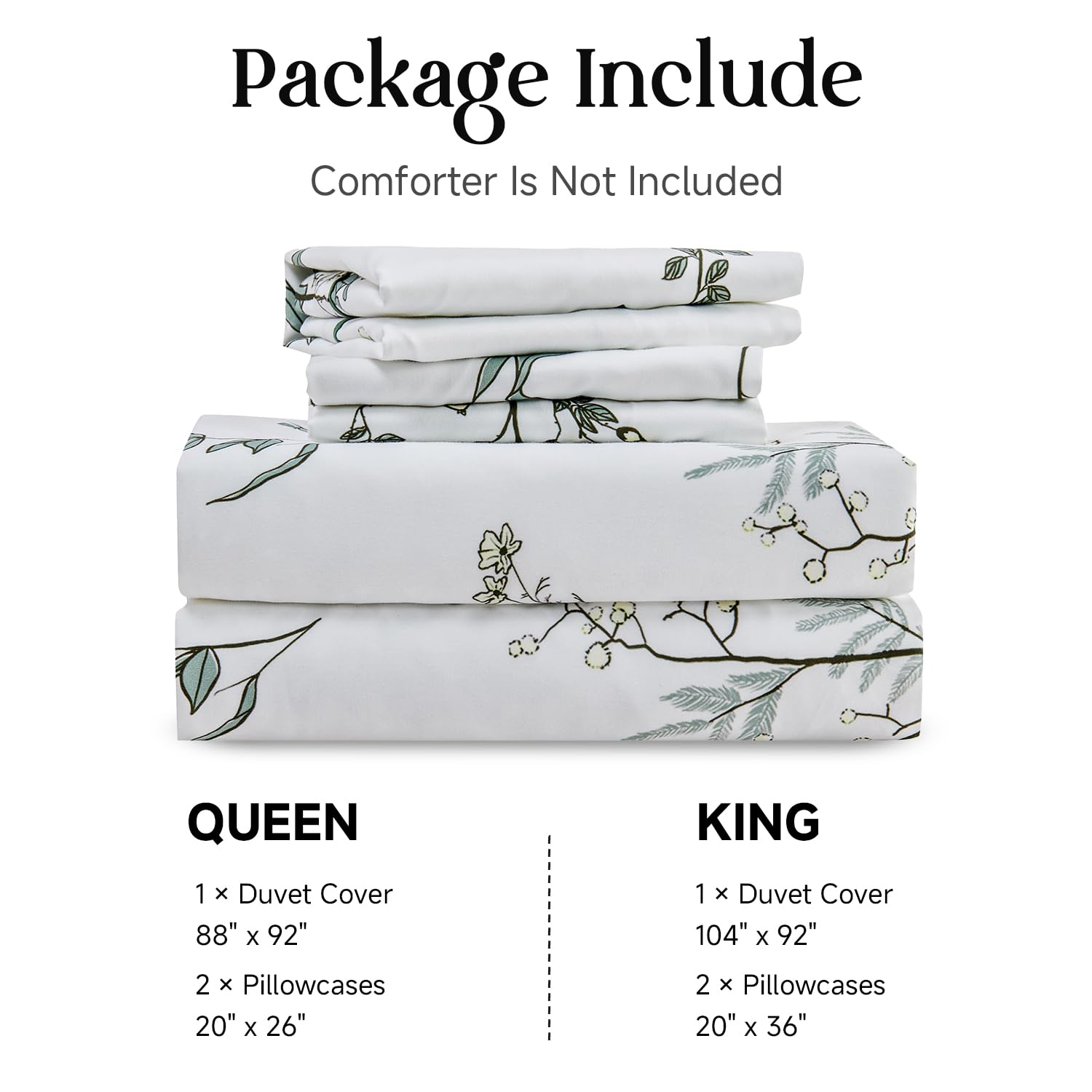 Simple&Opulence 100% Cotton Duvet Cover Set King Size, 3Pcs White Floral Botanical Printed Comforter Cover Set with Button Closure, Soft Breathable Bedding with Linen Trim for All Seasons