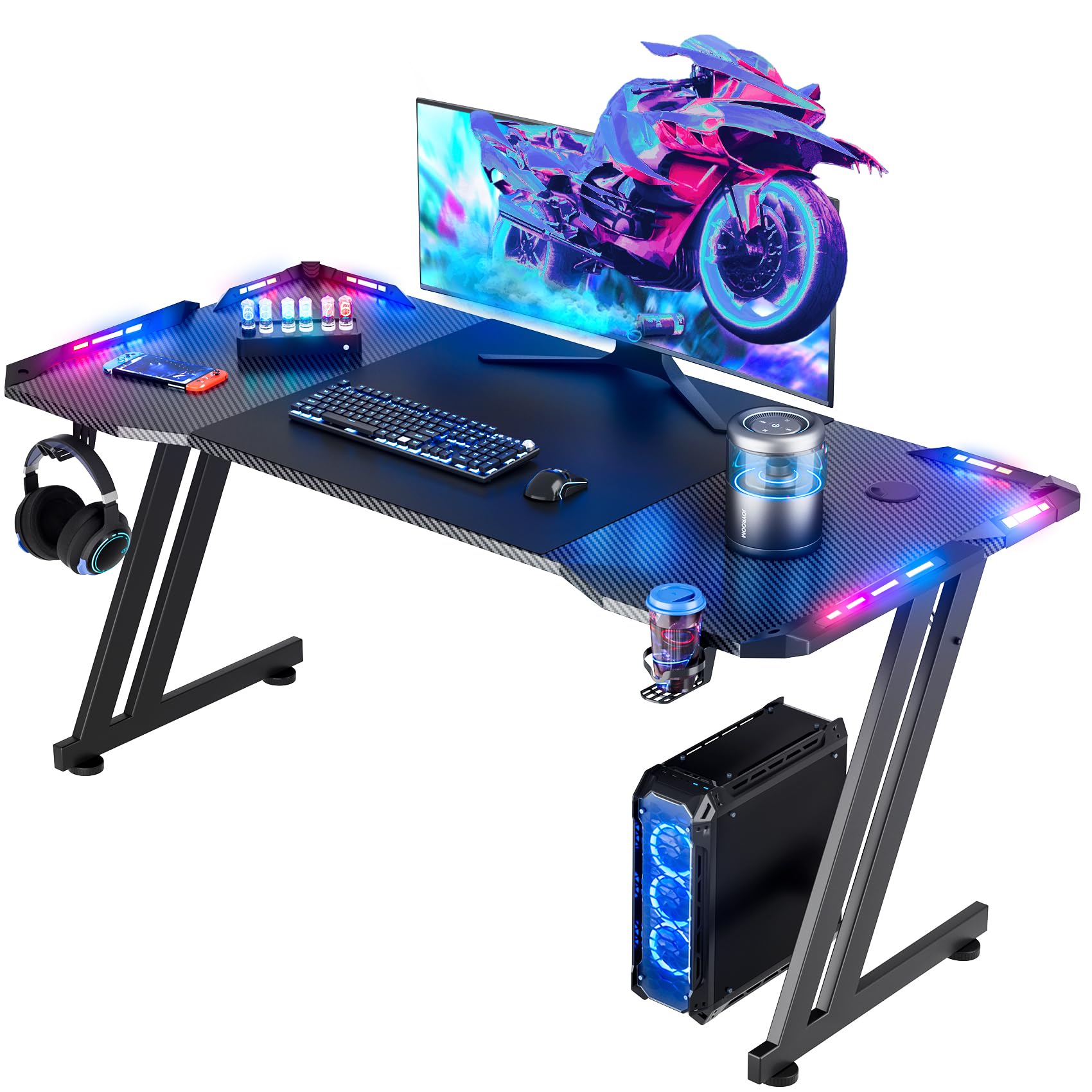 HLDIRECT 47 Inch Gaming Desk with LED Lights Carbon Fibre Surface Gaming Table Large Computer Desk Ergonomic Home Office Desks Z Shaped PC Gamer Workstations Blue