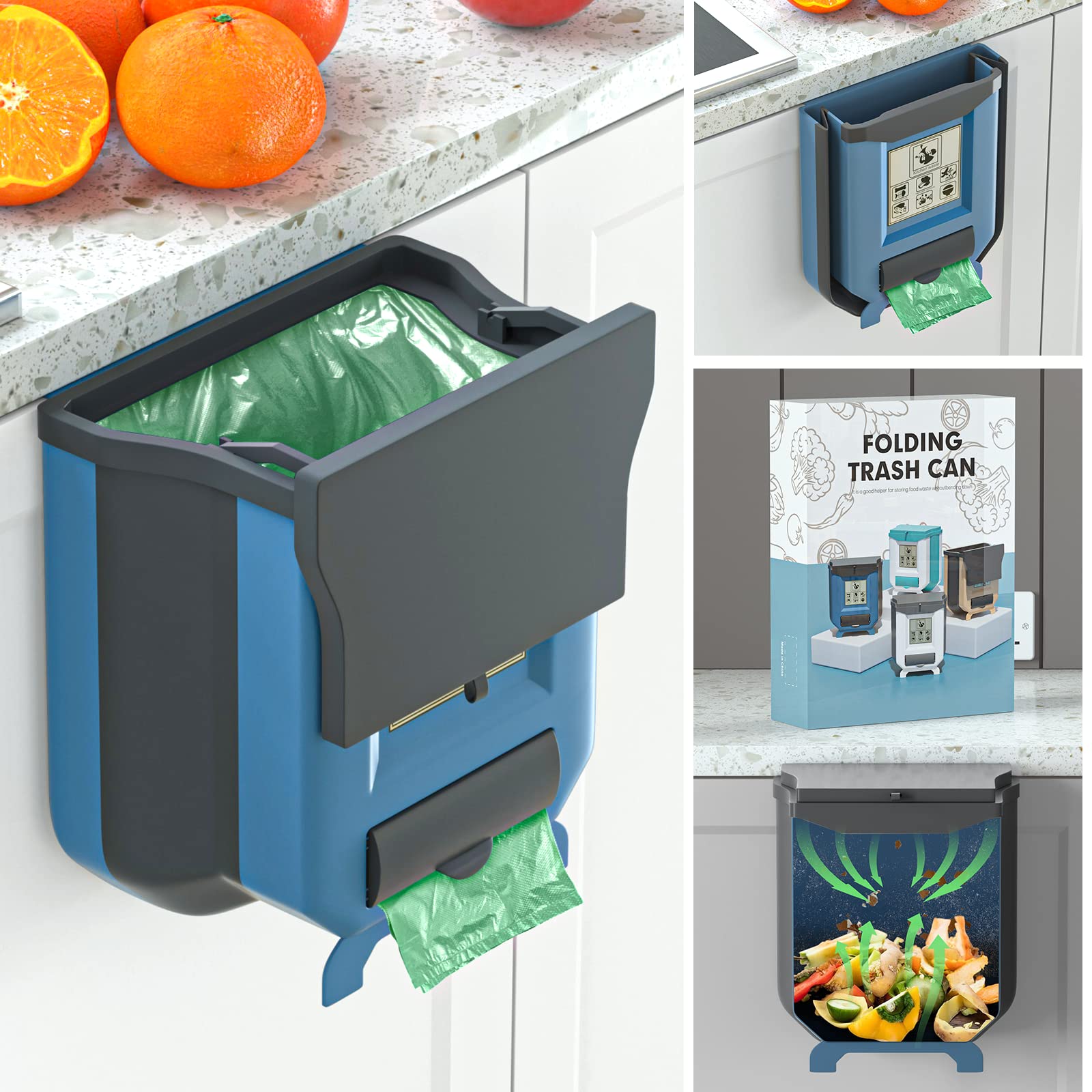 Hanging Trash Can with Lid for Kitchen RV Cabinet Door, 2.4 Gallon Foldable Wall Mounted Trash Can with Trash Bag Drawer, Folding Garbage Countertop Waste Bin