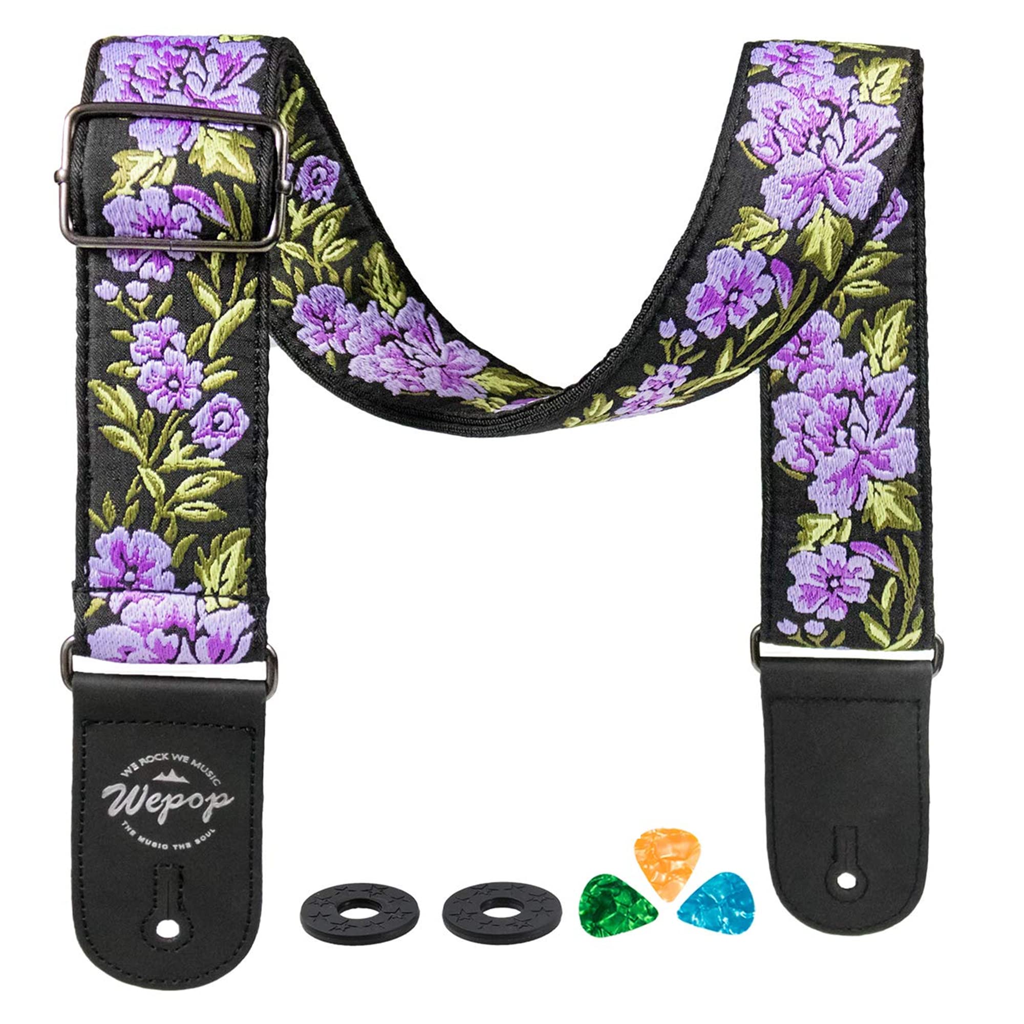 Guitar Strap Flower Rose Vintage Woven Style Leather Ends for Bass Electric Acoustic Guitar Accessories Picks(Purple)