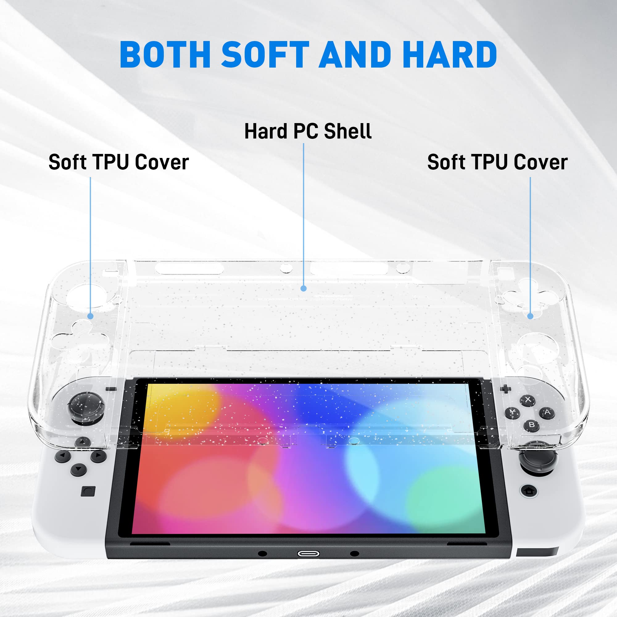 LASTYAL Glitter Flip Clear Case Compatible with Nintendo Switch OLED, Hard Console Protective Case and TPU Shell for Joycon Controller with Screen Protector and 12 Thumb Grip Caps