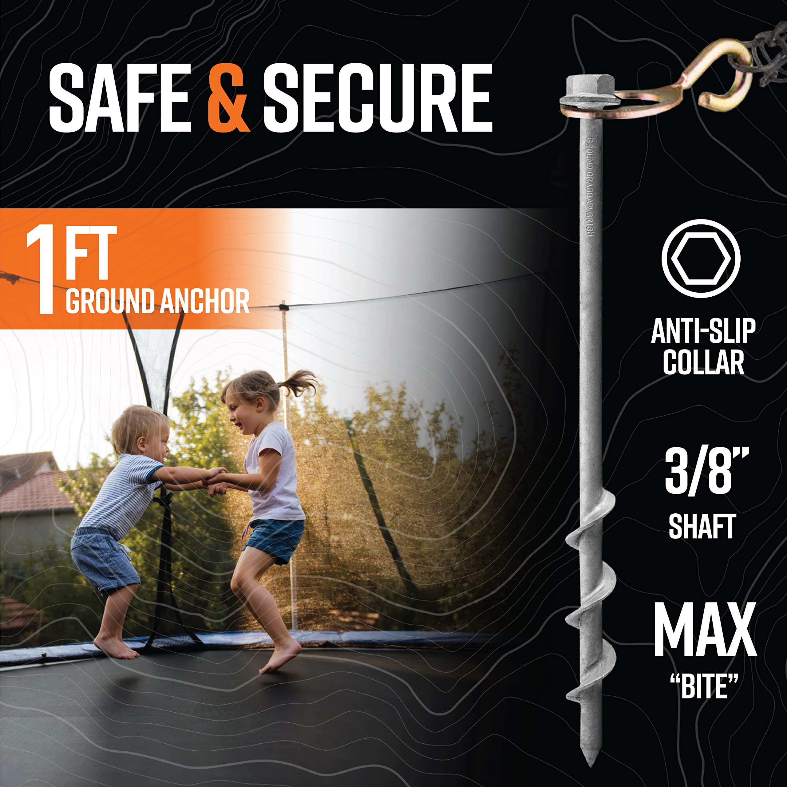 GROUNDGRABBA Ground Anchor Screw Kit - 2X HexHooks & 2X 1 Ft Ground Anchors Heavy Duty for High Winds | Ground Anchor Kit for Swing Sets | Screw in Anchor for Pop-Up Canopy, Tents and More