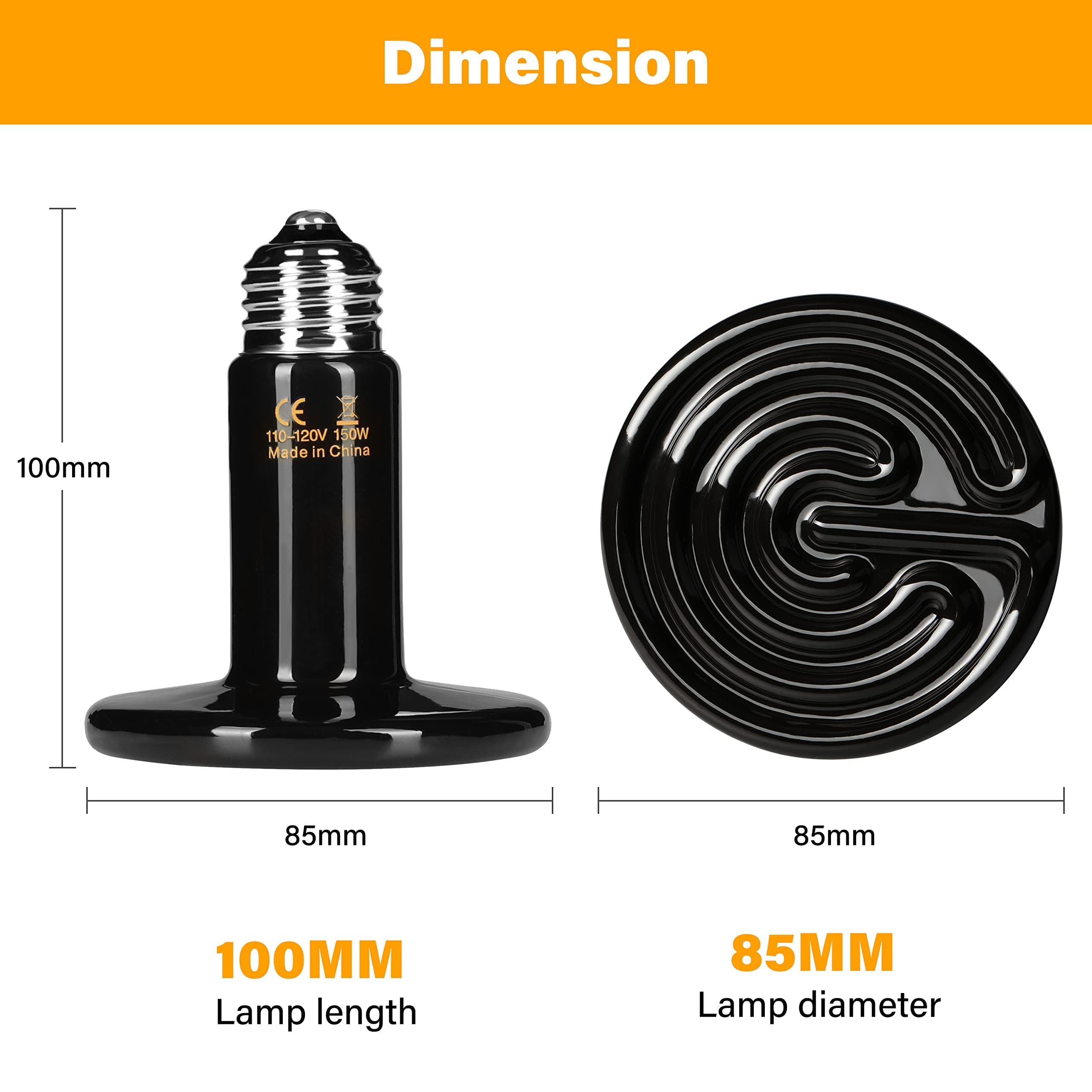 HealSmart Reptile Heat Lamp 150W 2-Pack Ceramic Heat Emitter, No Light Emitting Heat Bulbs for Amphibian Pet Brooder Coop Incubating Chicken, Lizard Bearded Dragon Turtle Snake Terrarium