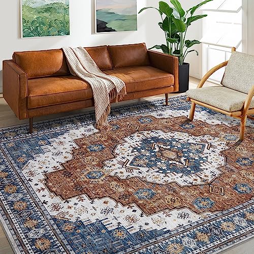 Washable Rug Living Room Rugs: 5x7 Area Rug Large Boho Medallion Distressed Carpets Indoor Soft Floor Anti Slip Carpet for Under Dining Table Bedroom Farmhouse Home Office - Blue/Orange Brown