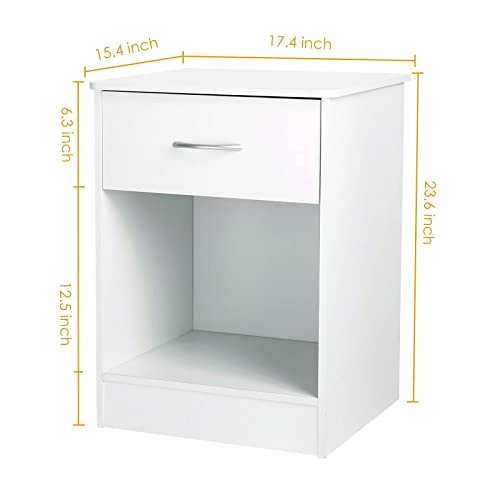 TUSY 2 PCS White Nightstand with Drawer, Bedside Table Side Table for Small Place, Bed Table End Tables for Living Room Bedroom, File Cabinet Storage with Sliding Drawer and Shelf
