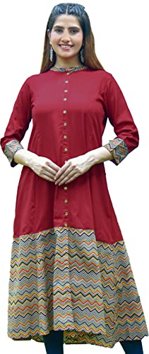 Yash Gallery Women's Rayon & Cotton Cambric Zig-Zag Print A-Line Kurta (S, Maroon)