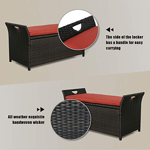 PEAK HOME FURNISHINGS Patio Wicker Storage Box, Outdoor Rattan Storage Bench Deck Bin with Cushion (Red)
