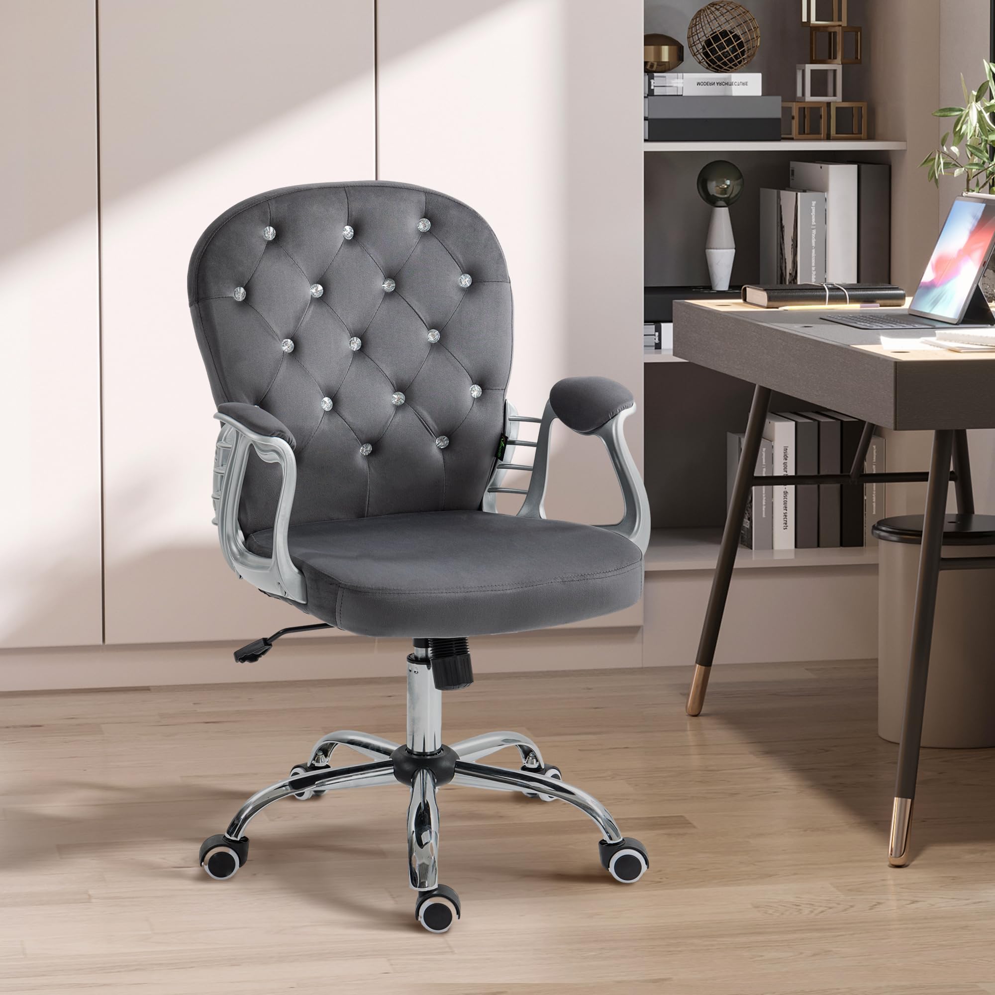 Vinsetto Velvet Home Office Chair, Button Tufted Desk Chair with Padded Armrests, Adjustable Height and Swivel Wheels, Dark Gray