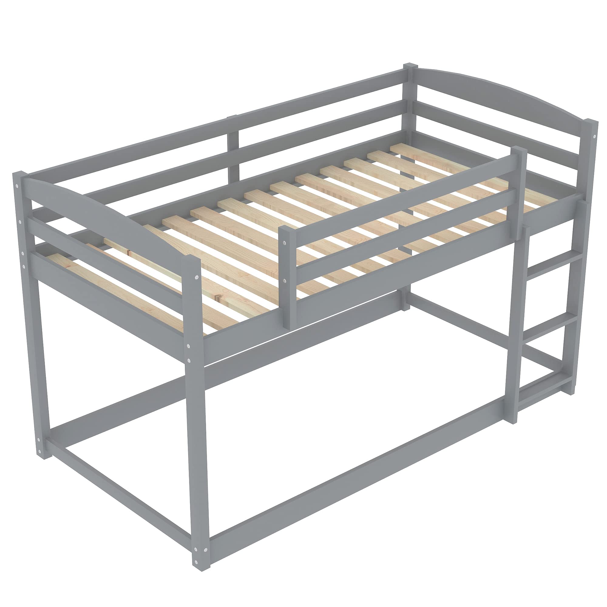 Harper & Bright Designs Low Bunk Bed Twin Over Twin, Wood Twin Bunk Bed Frame with Ladder and Guardrails, Kids Low Bunk Beds for Kids, Toddlers, Teens No Box Spring Needed (Gray)