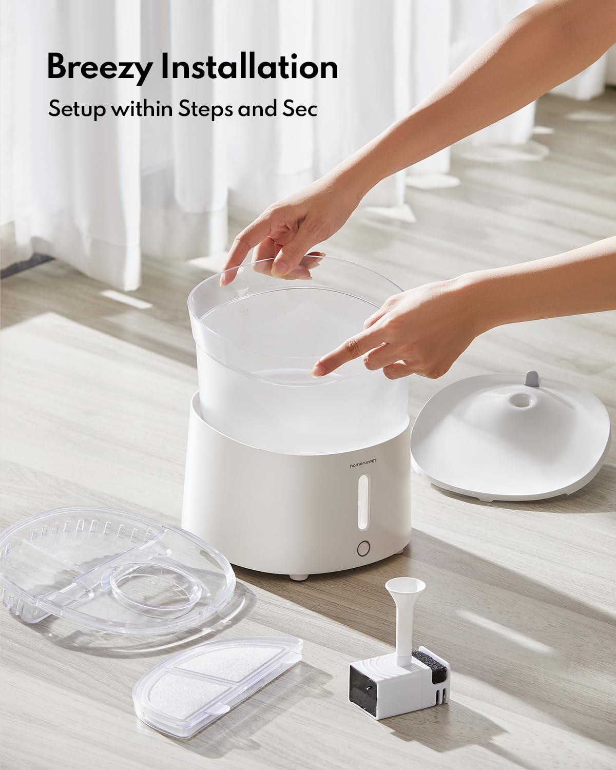 Silent Cat Water Fountain, HomeRunPet Pet Fountain with Wireless-Pump, Small-Dog Water Dispenser, Dual Mode, Quick Assembly & Easy-Clean, Filters Included, 68 oz/2L