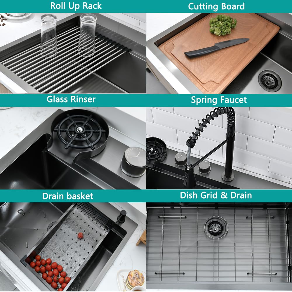 WMXQX 33 Inch Black Waterfall Kitchen Sink with Faucet Combo, 33x22 Waterfall Drop In Kitchen Sink Workstation 16 Gauge Stainless Steel Smart Double Waterfall Sink Single Bowl Kitchen Sink with Faucet