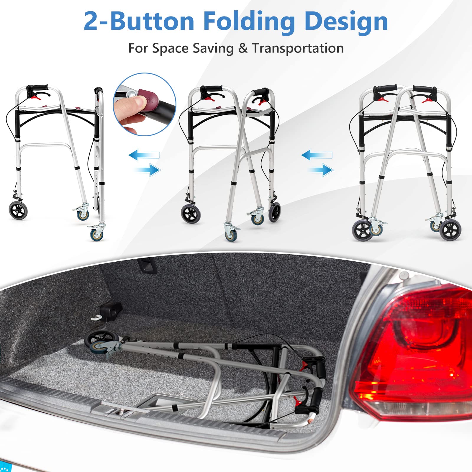 GYMAX Walkers for Seniors, 2-Button Folding Walker with 5” Lockable Wheels, Padded Seat & Trigger Release, 350lbs Height Adjustable Standard Walker, Foldable Rolling Adult Walker