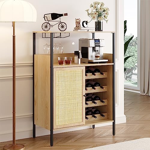 Yechen Wine Bar Cabinet with Storage for Liquor and Glasses, FreeStanding Wood Coffee Bar Cabinet with Wine Rack, Metal Sideboard Buffet Cabinet