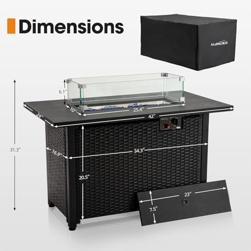 HANLIKO 42 Inch Outdoor Propane Gas Fire Pit Table, 50,000 BTU Auto-Ignition Gas Firepit with Glass Wind Guard, Alloy Wood Grain Tabletop, Black