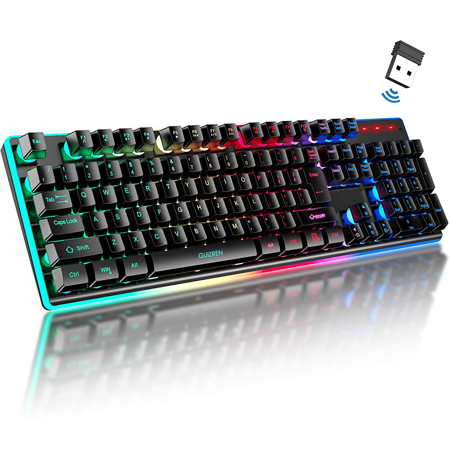 GUIZREN Chroma Rechargeable Wireless Gaming Keyboard, LED Rainbow Backlit, Ergonomic Full Size Keyboard with 7 Color Changing Multimedia Keys, for Teclado Gamer PC, Computer, Desktop, Laptop