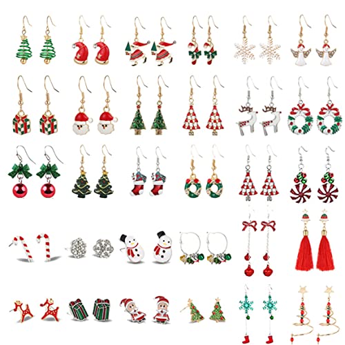 H&Z Christmas Dangle Earrings Set Snowflake Santa Tree Bells Snowman Earrings Pierced Hook Drop Earrings for Women-Christmas tree