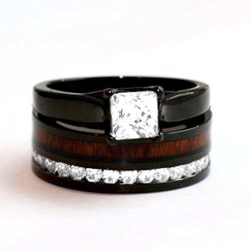 His & Hers Natural Koa Wood CZ 3 pcs Surgical Black Stainless Steel Engagement Wedding Rings set (Size His 10, Hers 08)
