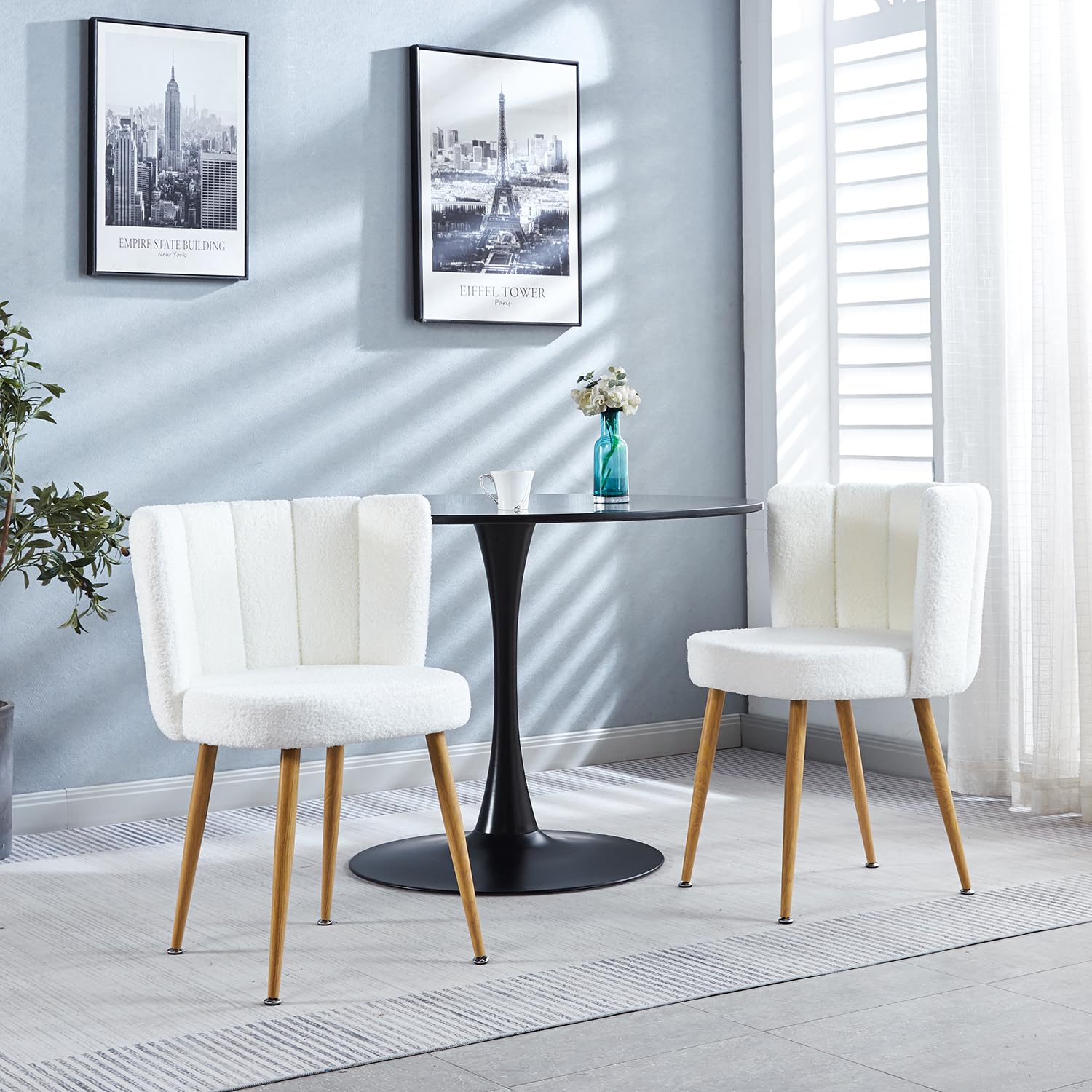 HAIZAO Modern White Boucle Dining Chairs Set of 4, Curved Backrest Upholstered Kitchen Dining Room Chairs, Mid-Century Dining Chair with Metal Legs