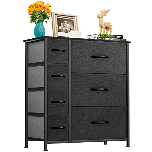 YITAHOME 7 Drawers Dresser- Fabric Storage Tower, Organizer Unit for Bedroom, Living Room, Hallway, Closets& Nursery- Sturdy Steel Frame, Wooden Top& Easy Pull Fabric Bins (Black/Grey)