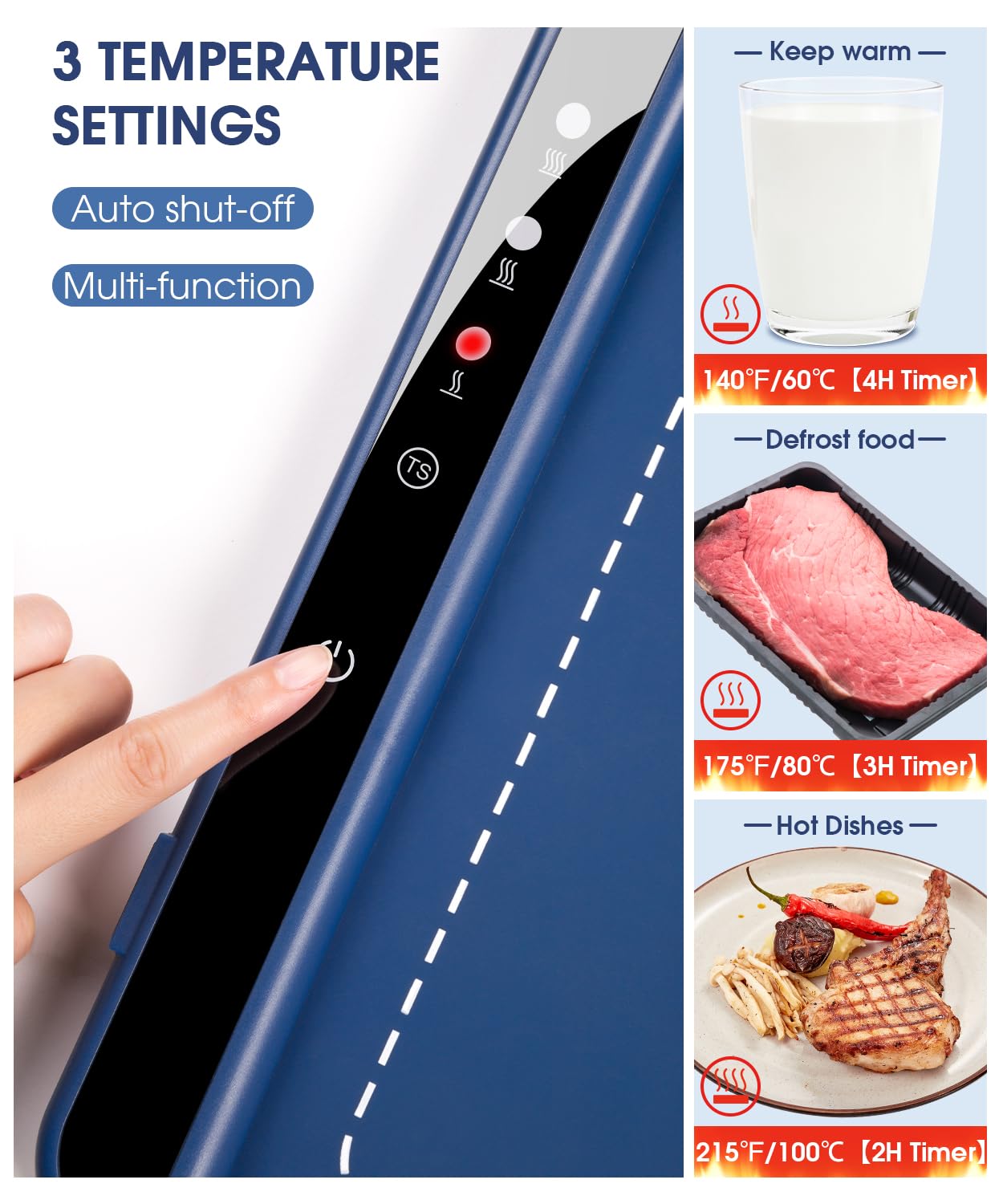 Silicone Food Warming Mat - Rollable Electric Warming Tray with Full Surface Heating & 3 Temperature Settings for Parties, Buffets, Gatherings, Home Daily Use - Blue