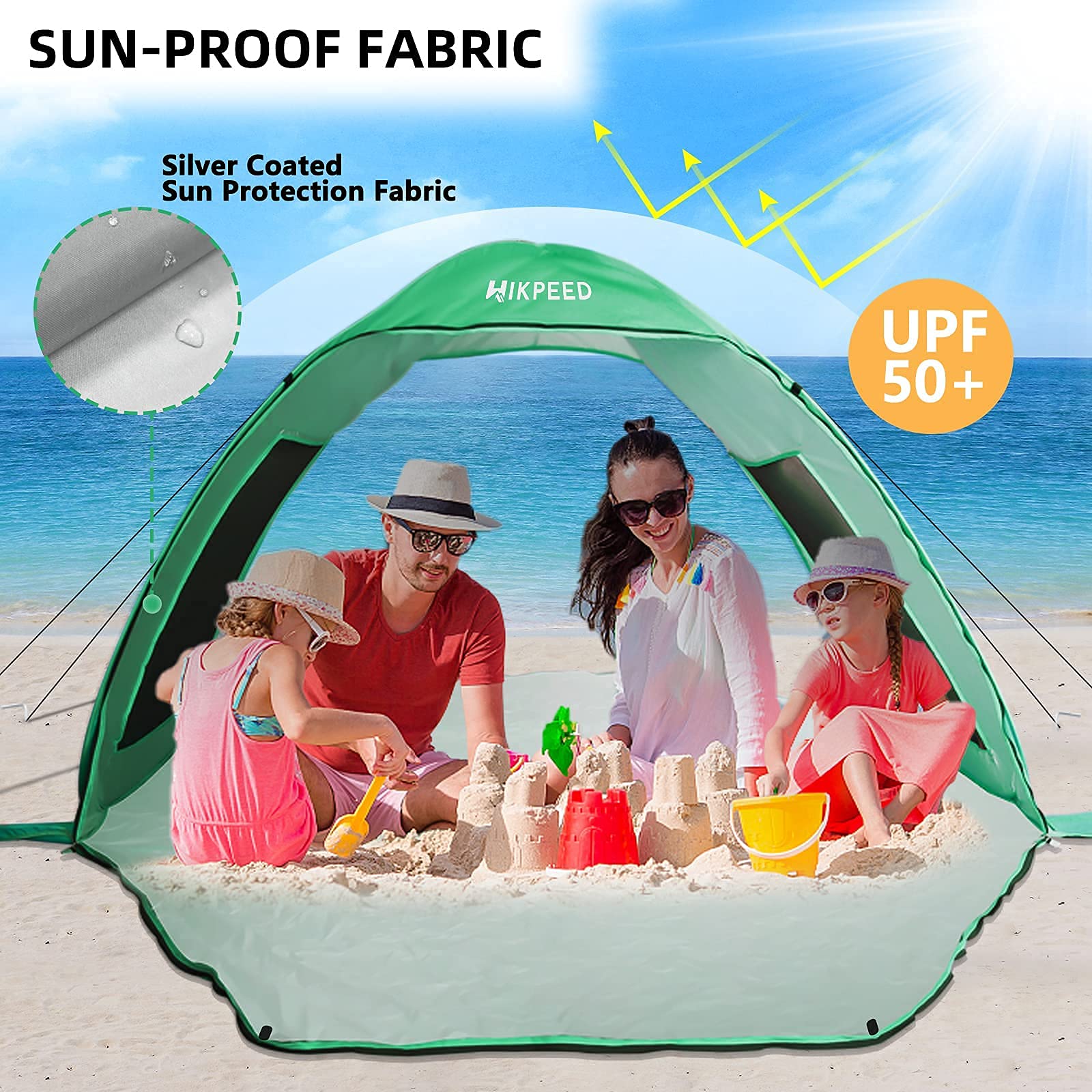 HIKPEED Pop Up Beach Tent for 3-4 Person, Beach Shade Sun Shelter - Beach Tent Pop Up Shade with 2 Doors, Portable Easy Set Up Beach Canopy, with Carry Bag & Stakes & Guy Lines