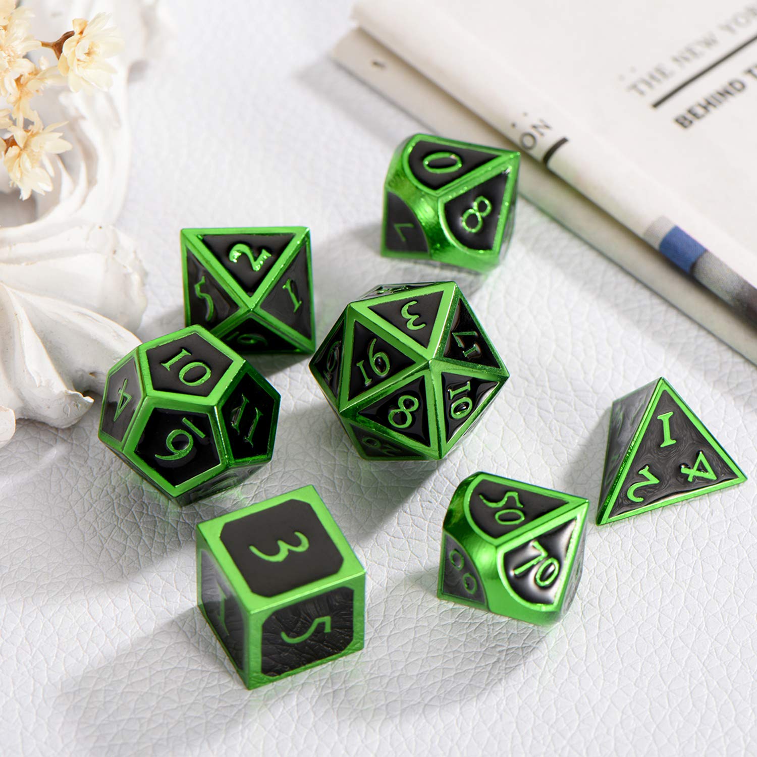 HESTYA Metal Dices Set Polyhedron Dice Compatible with Dungeons and Dragons, Role Playing Math Teaching Table Games Solid Zinc Alloy with Enamel Dice with Storage Bag