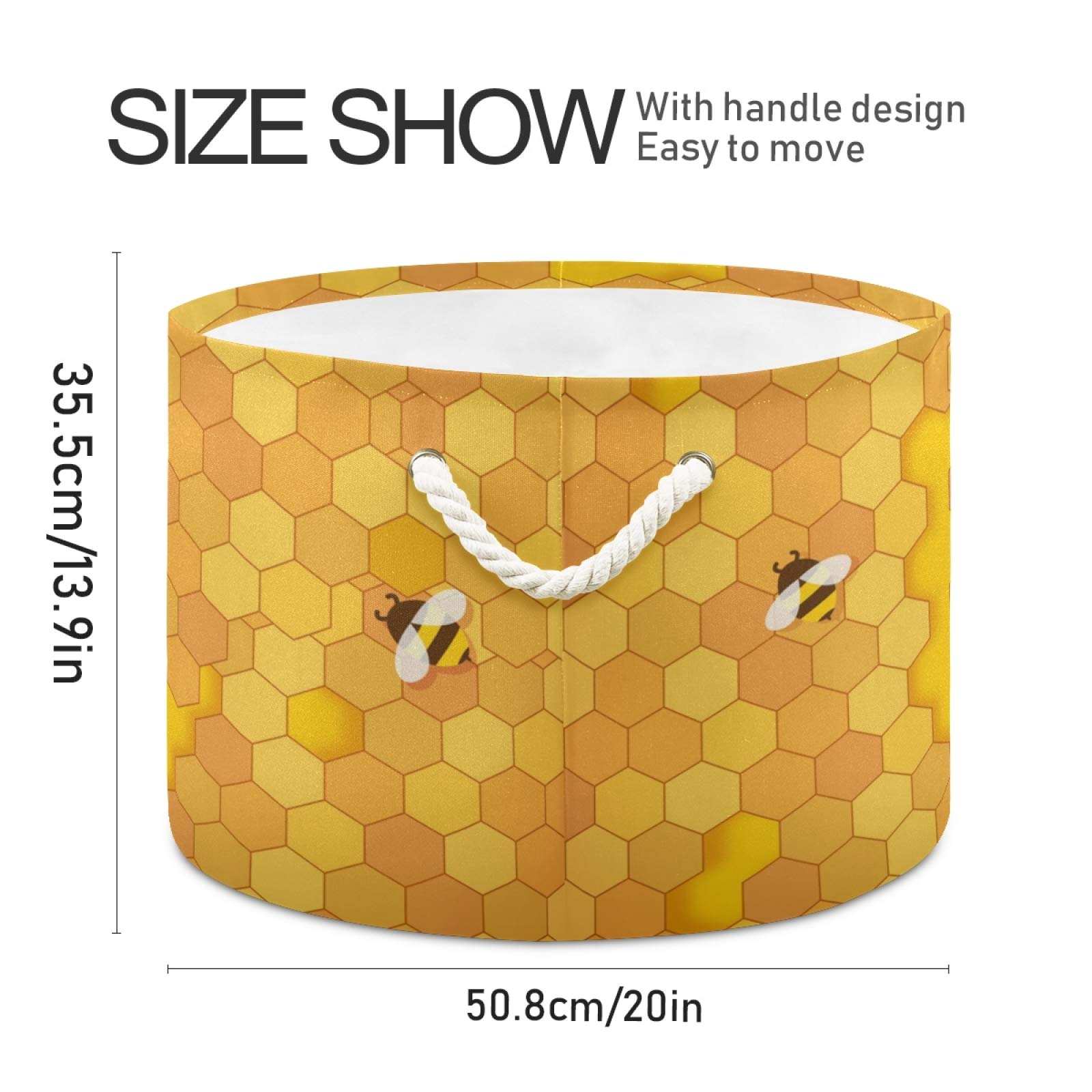Large Round Storage Basket - Honey Bee Yellow Canvas Laundry Hamper Toy Storage Bin for Kid’s Living Room