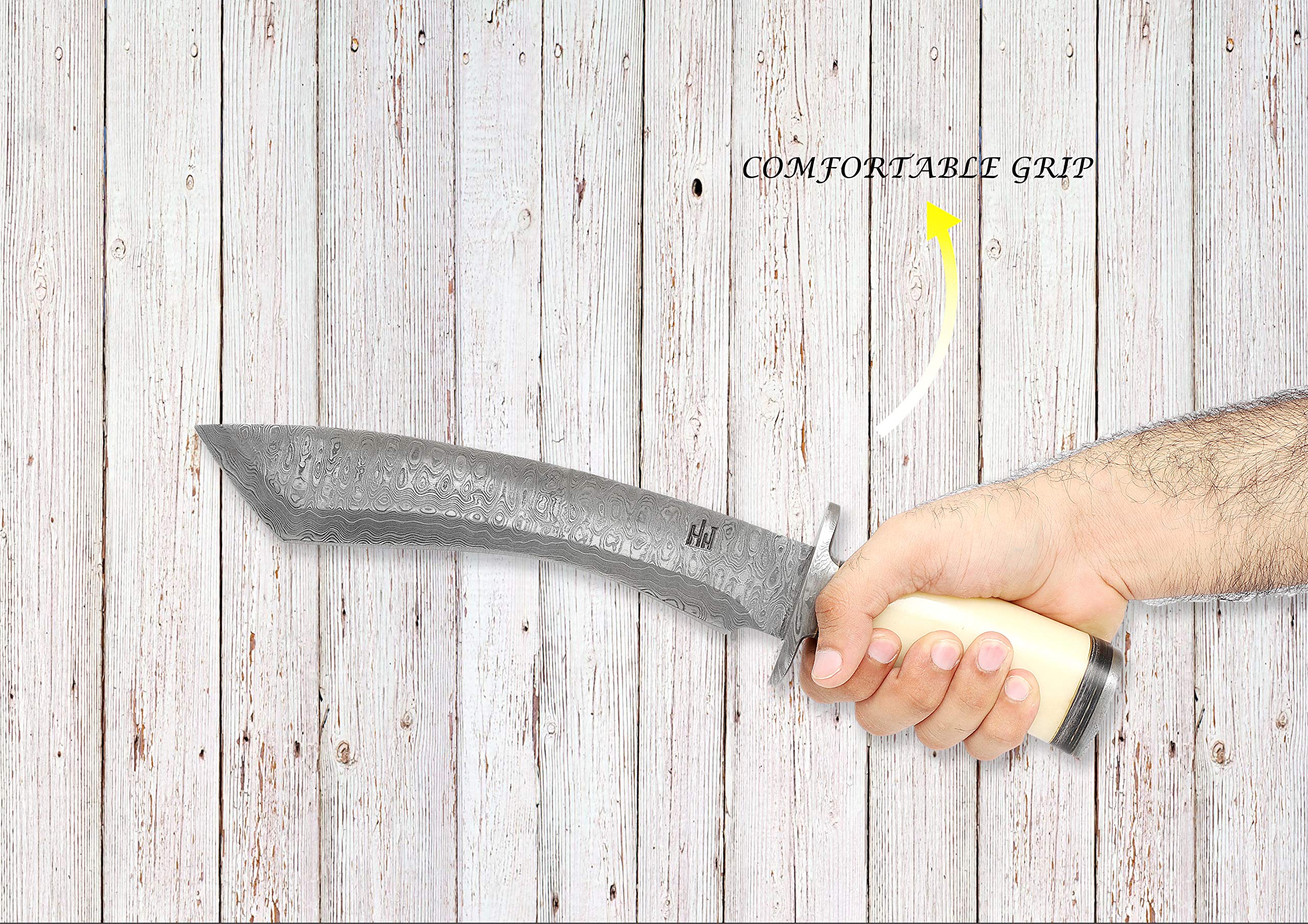 Hobby Hut HH-201, Custom Handmade 14 inch Damascus Steel Hunting Knife - Tantoo Blade - Camel Bone Handle - Leather Sheath