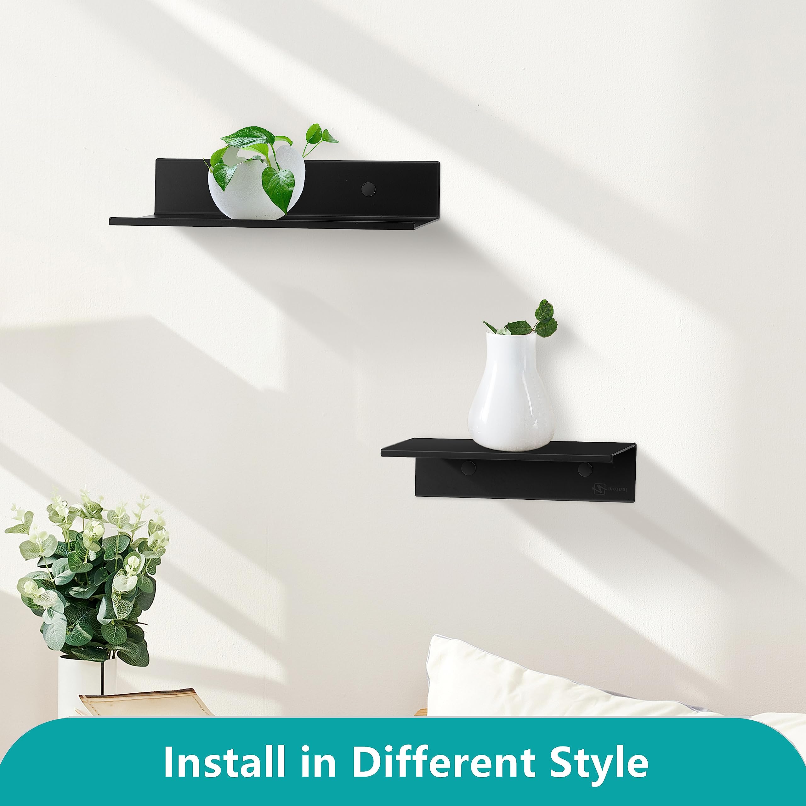 Z metnal Small Metal Shelves, Mini Floating Shelf for Collection Action Figures Speaker, Decor Display Wall Shelf, Aluminum, Wall Mounted, Matt Black, 10 inch, 2 Pack