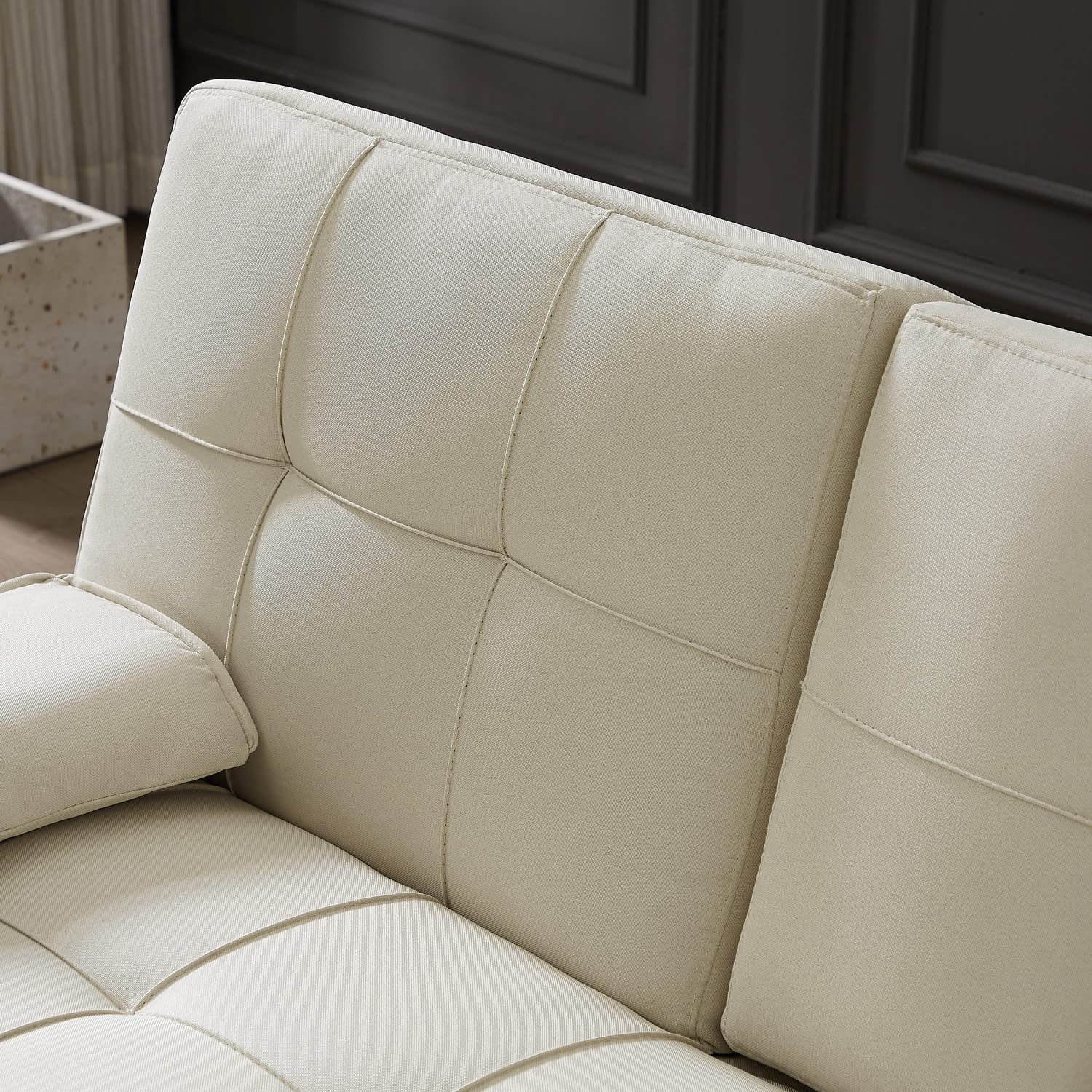 hansones Futon Sofa Bed Modern Linen Fabric Couch Bed Loveseat Convertible Daybed with 2 Cup Holders and Removable Armrests for for Compact Living Space Apartment Dorm Office (Beige)