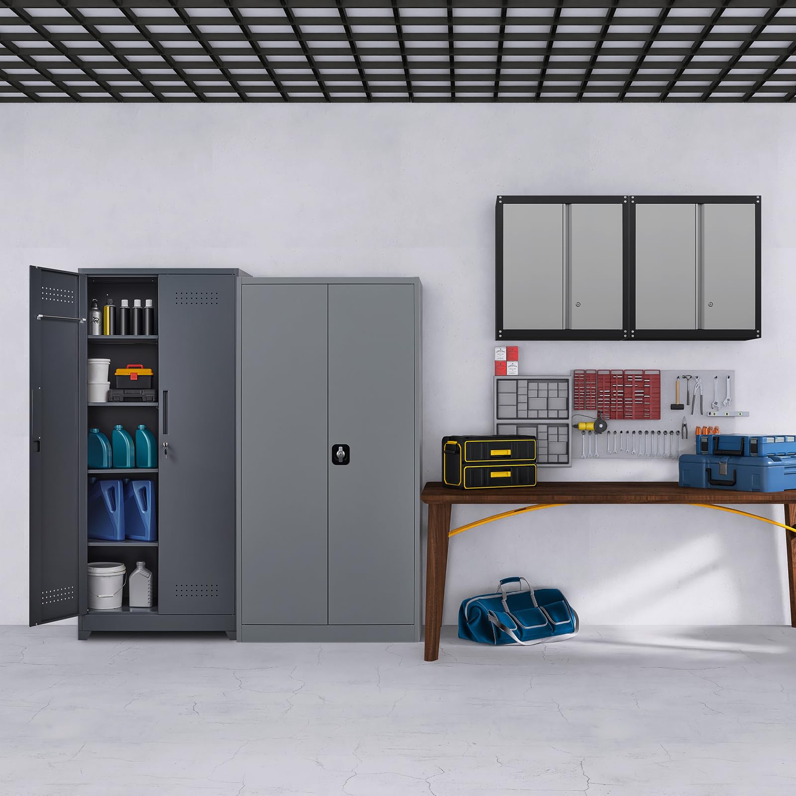 GREATMEET Metal Wall Cabinet, Wall Mounted Cabinet with Doors and Adjustable Shelf, Metal Storage Cabinet with Lock, Wall Cabinet for Garage, Pantry, Utility Room, White