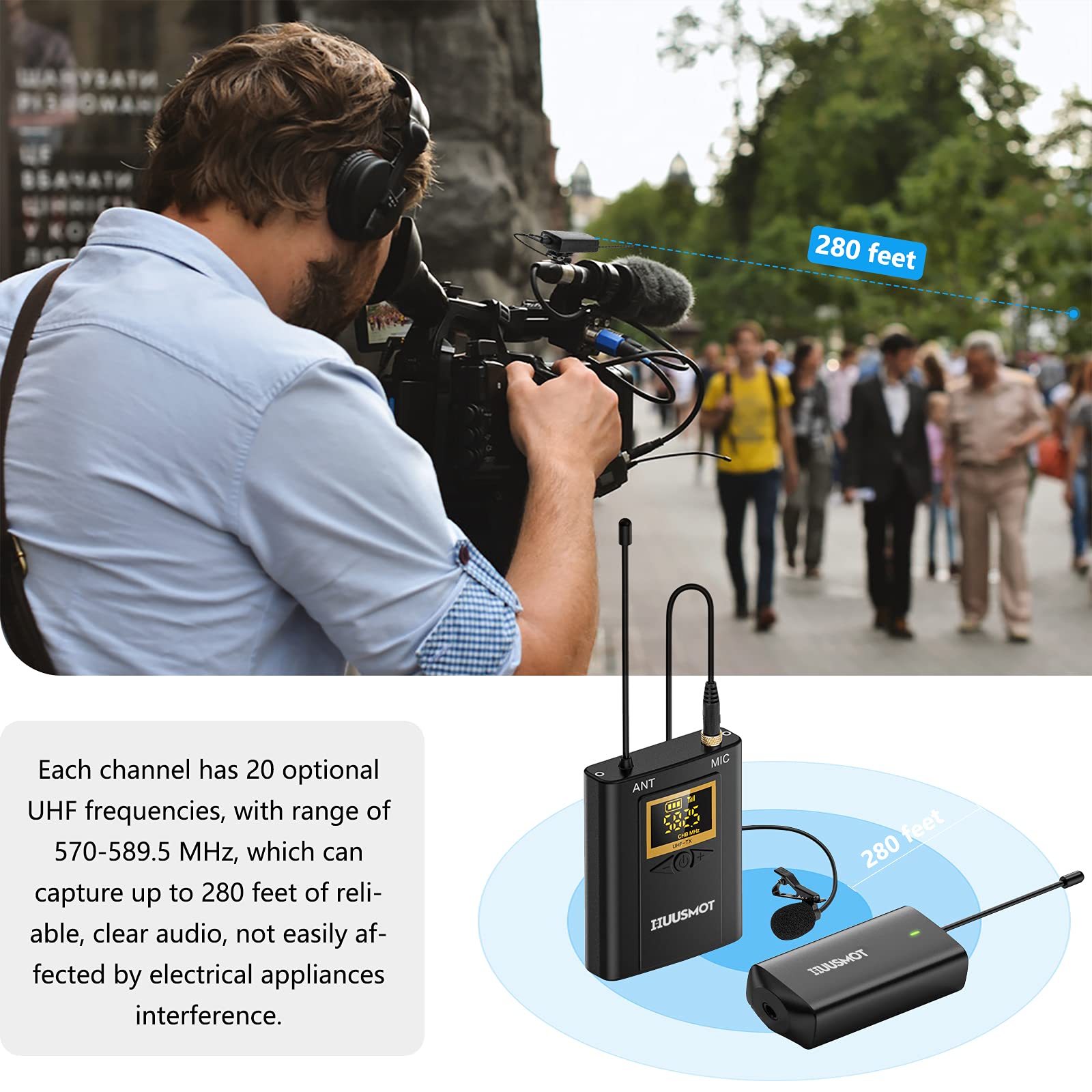 HUUSMOT Wireless Lavalier Microphone System - Dual Lapel Mics and Mini Receiver for Crystal Clear Audio - Perfect for DSLR Camera, iPhone, Video Recording, YouTube, and Vlogging